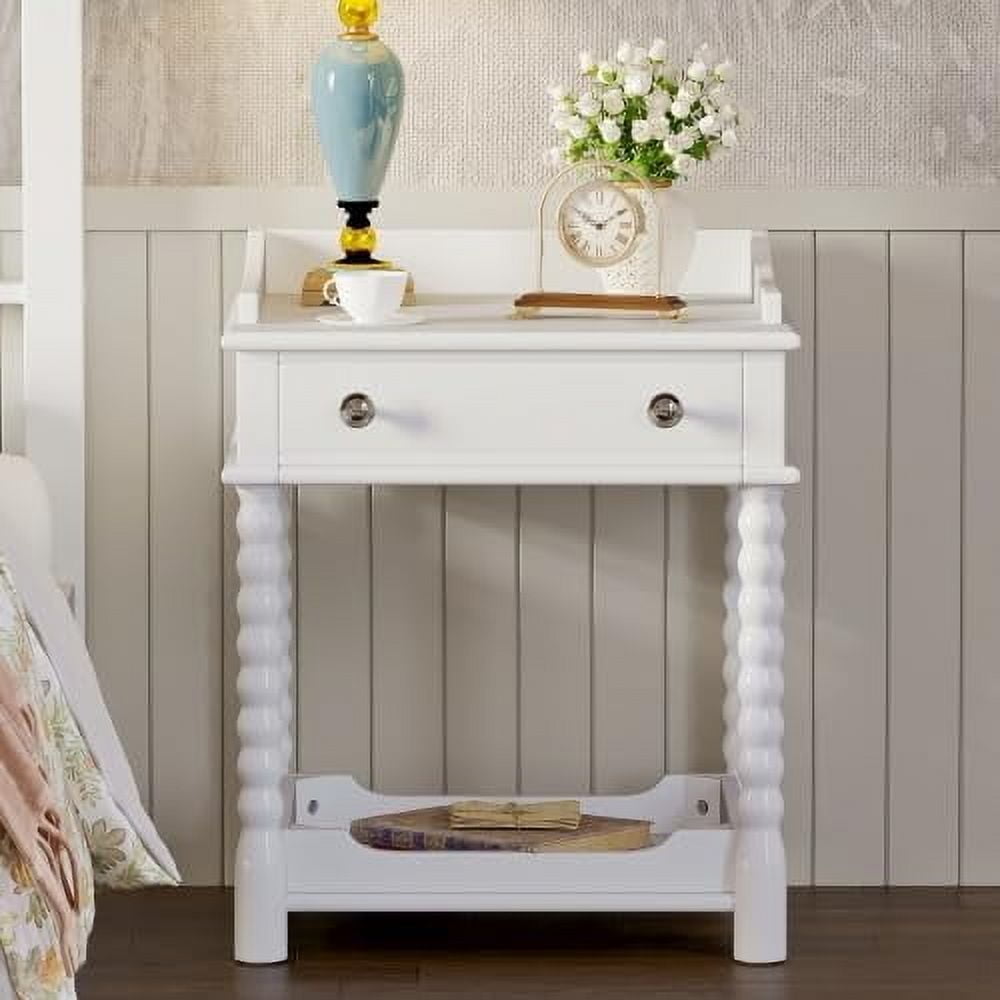 Retro Nightstand with Drawer and Open Shelf, Bedside Table with Turned ...
