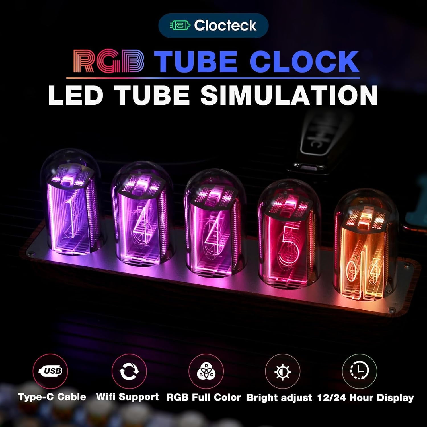 Retro Nixie Tube Clock with Wi-Fi Sync, Alarm & Timer, 12/24H Display ...