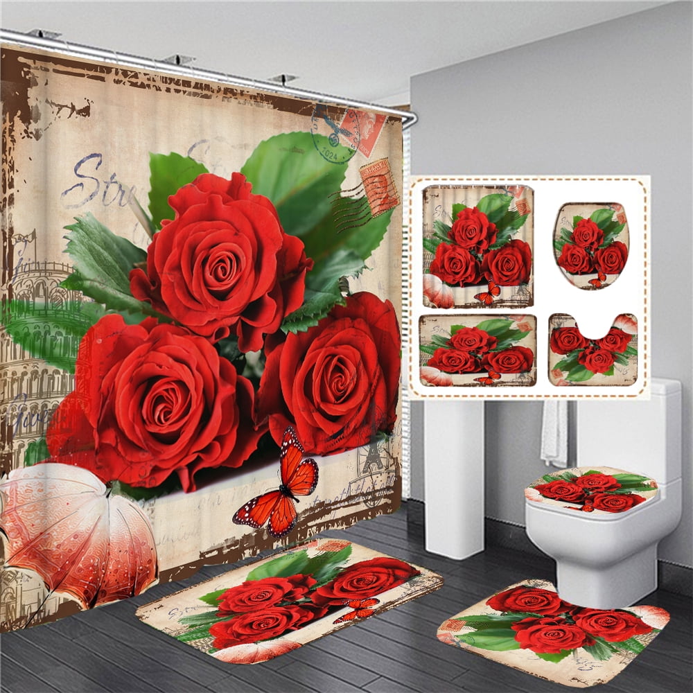 Retro Nordic style Rose Flowers Waterproof Shower Curtain Set with ...