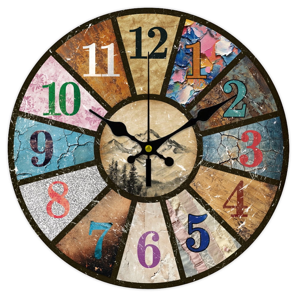 Retro Numbers Wall Vintage Texture Clock Mountains Non-Ticking Clock 12 ...
