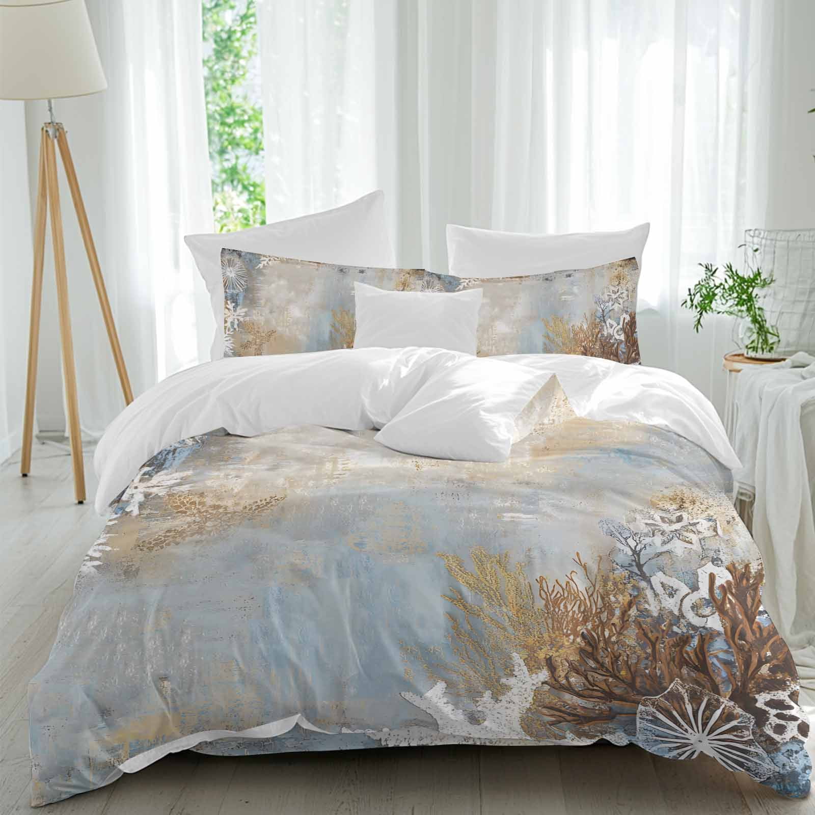 Retro Ocean Coral Duvet Cover Set Full Size Marine Life Starfish ...