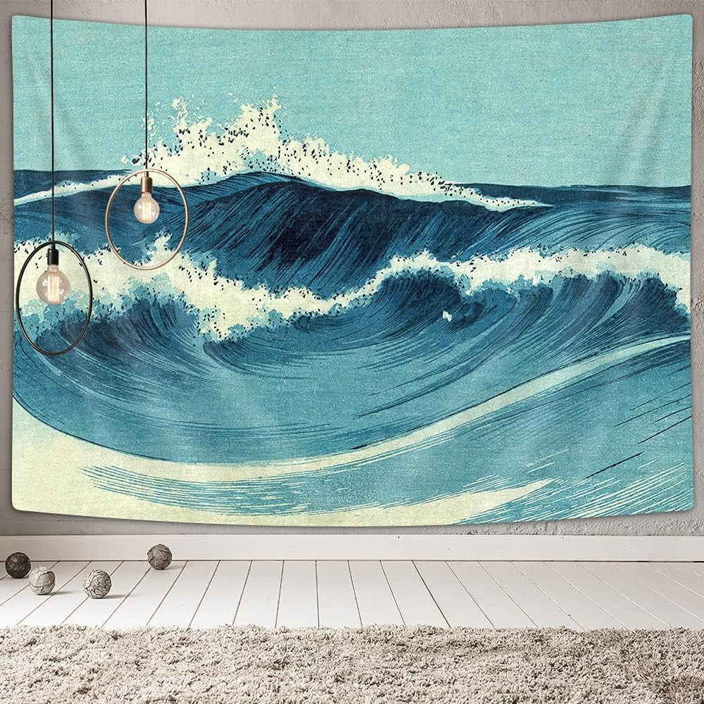 Retro Ocean Tapestry Wall Hanging, Vintage Blue Watercolor Ocean Waves ...
