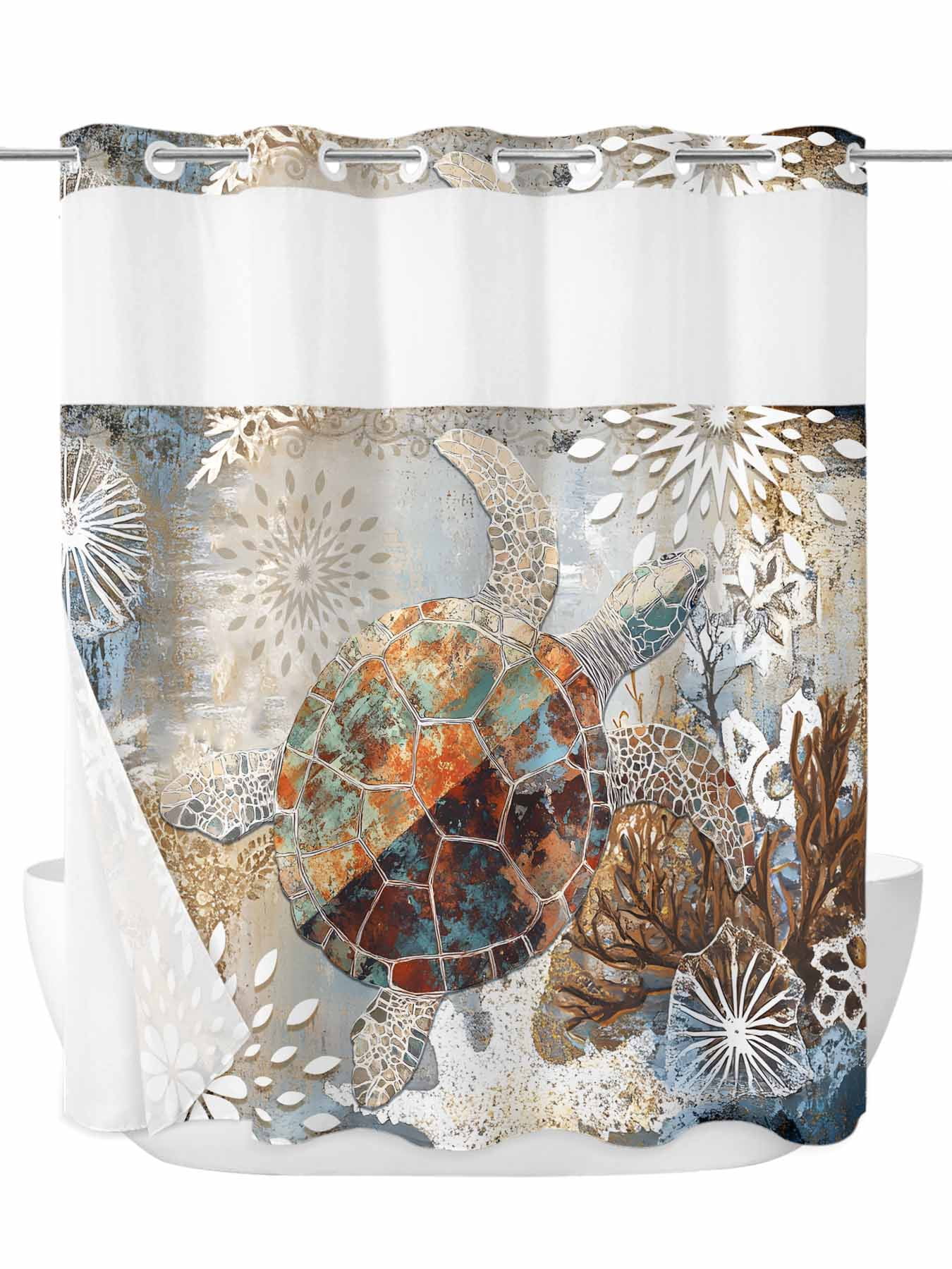 Retro Ocean Turtle No Hook Shower Curtain and Liner Set Marine Life ...