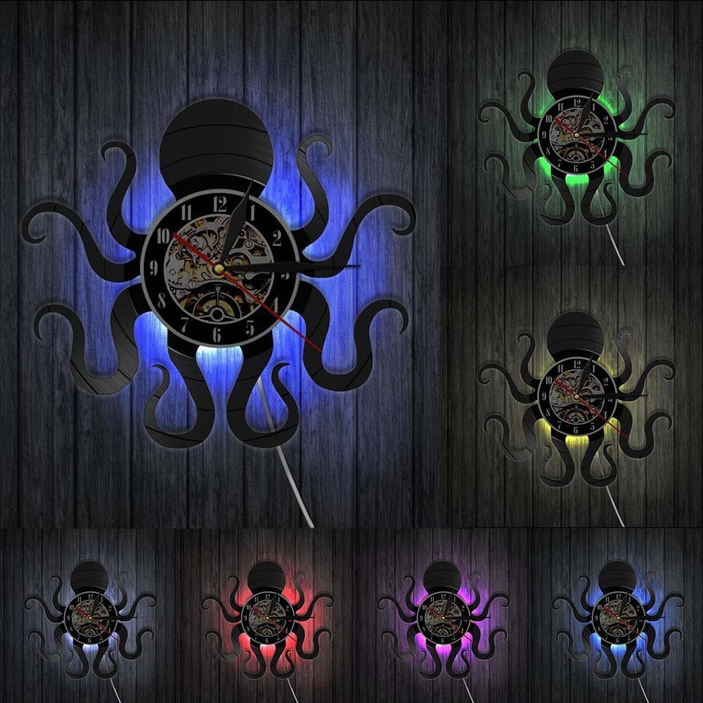 Retro Octopus Mollusk Vinyl Record Wall Clock With LED Backlight Kraken ...