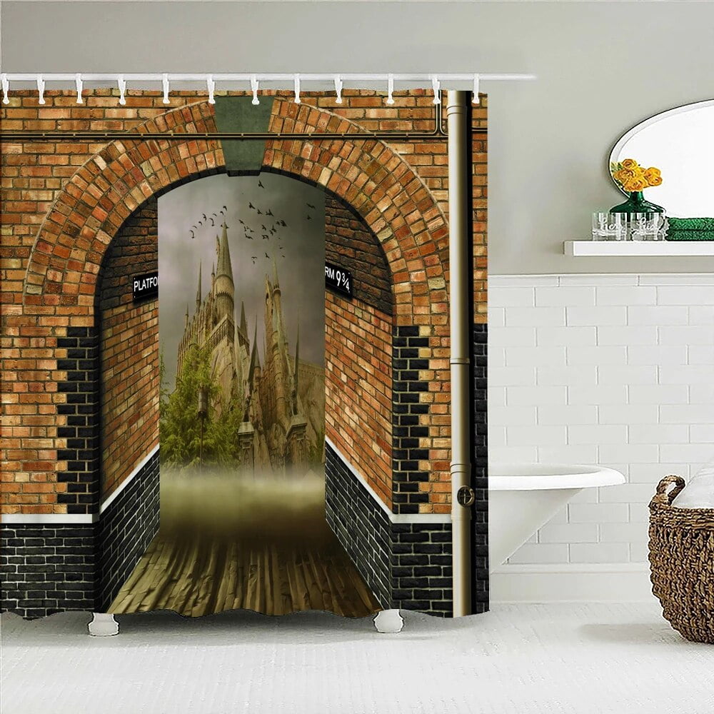 Retro Old Door Brick Wall Scenery Bath Curtain Waterproof Fabric Shower ...