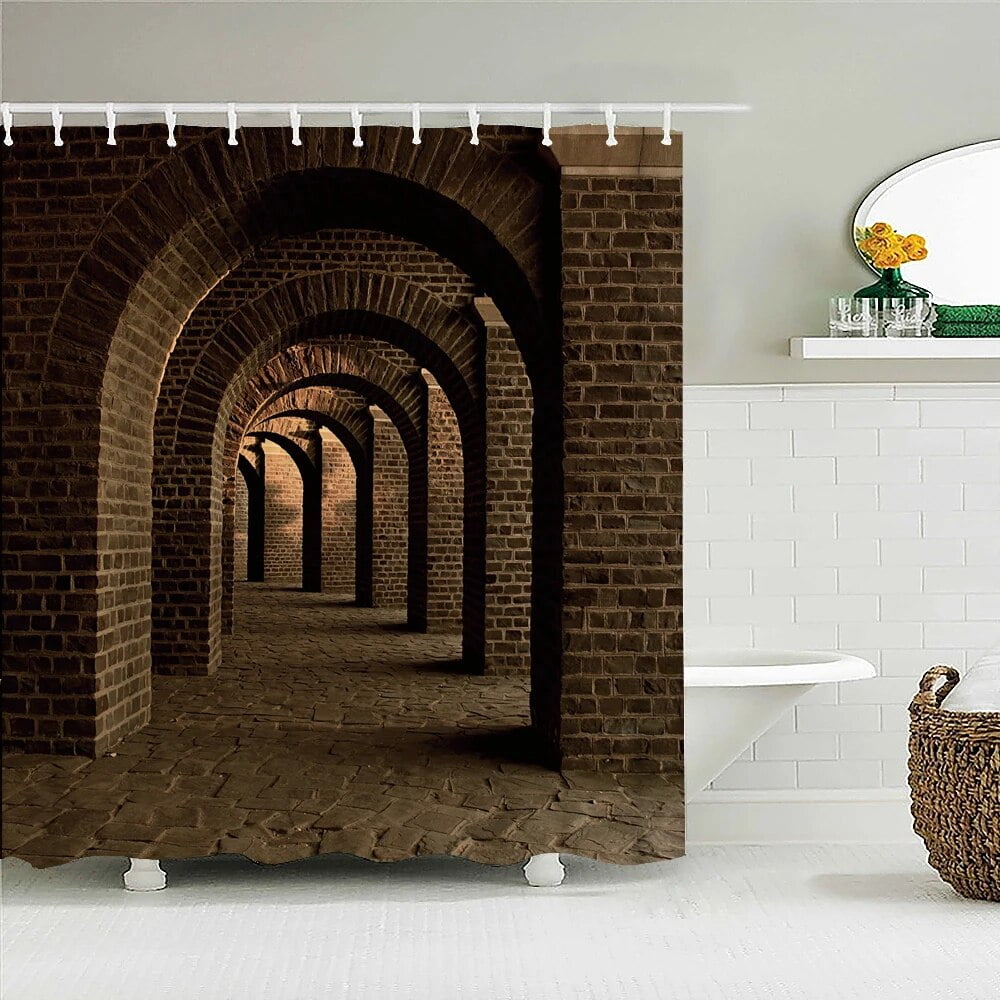 Retro Old Door Brick Wall Scenery Bath Curtain Waterproof Fabric Shower ...