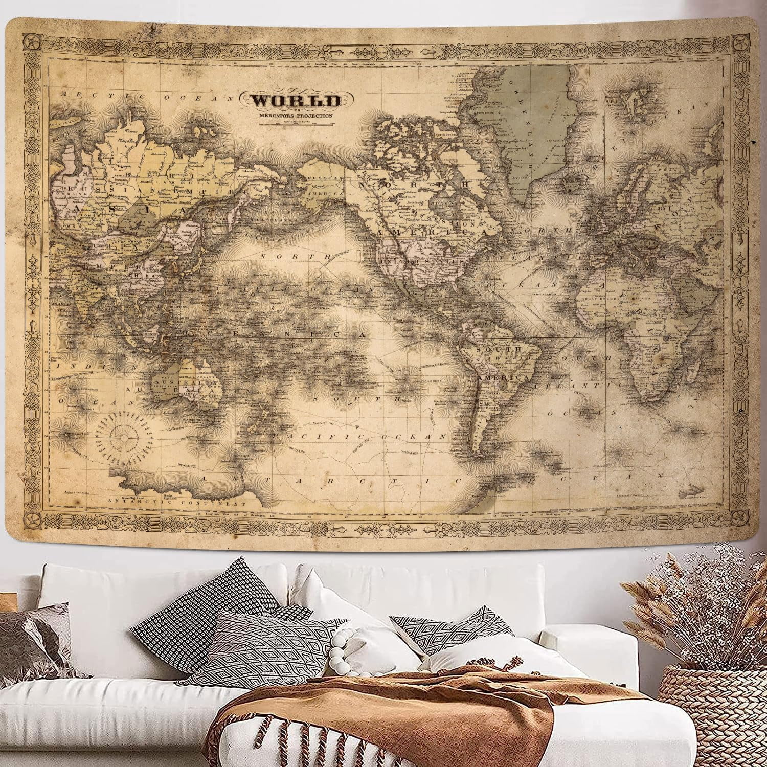 Retro Old World Map Tapestry, Vintage Map Asian Northern European ...