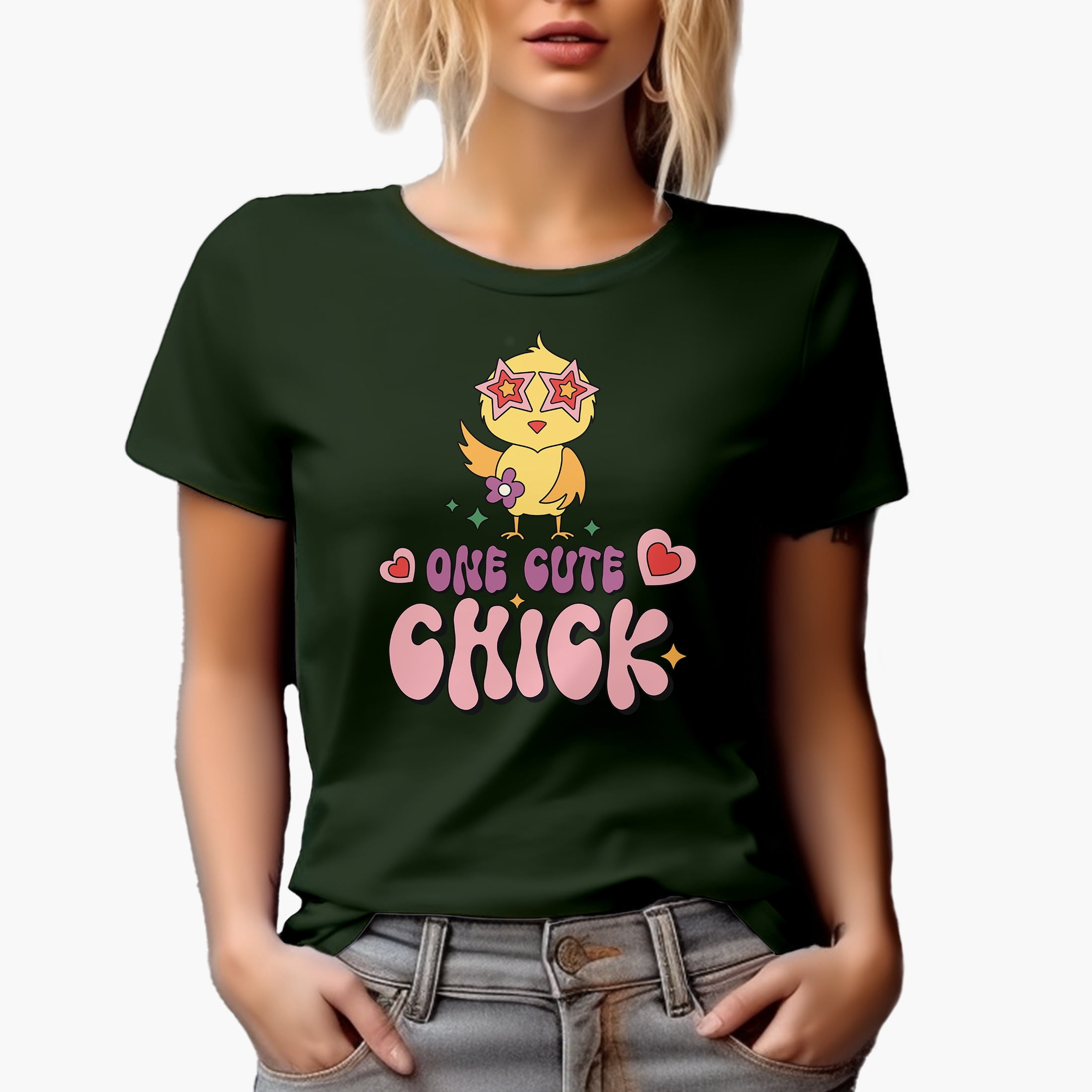 Retro One Cute Chick, Chicken Art Merch Gift, Military Green T-Shirt ...