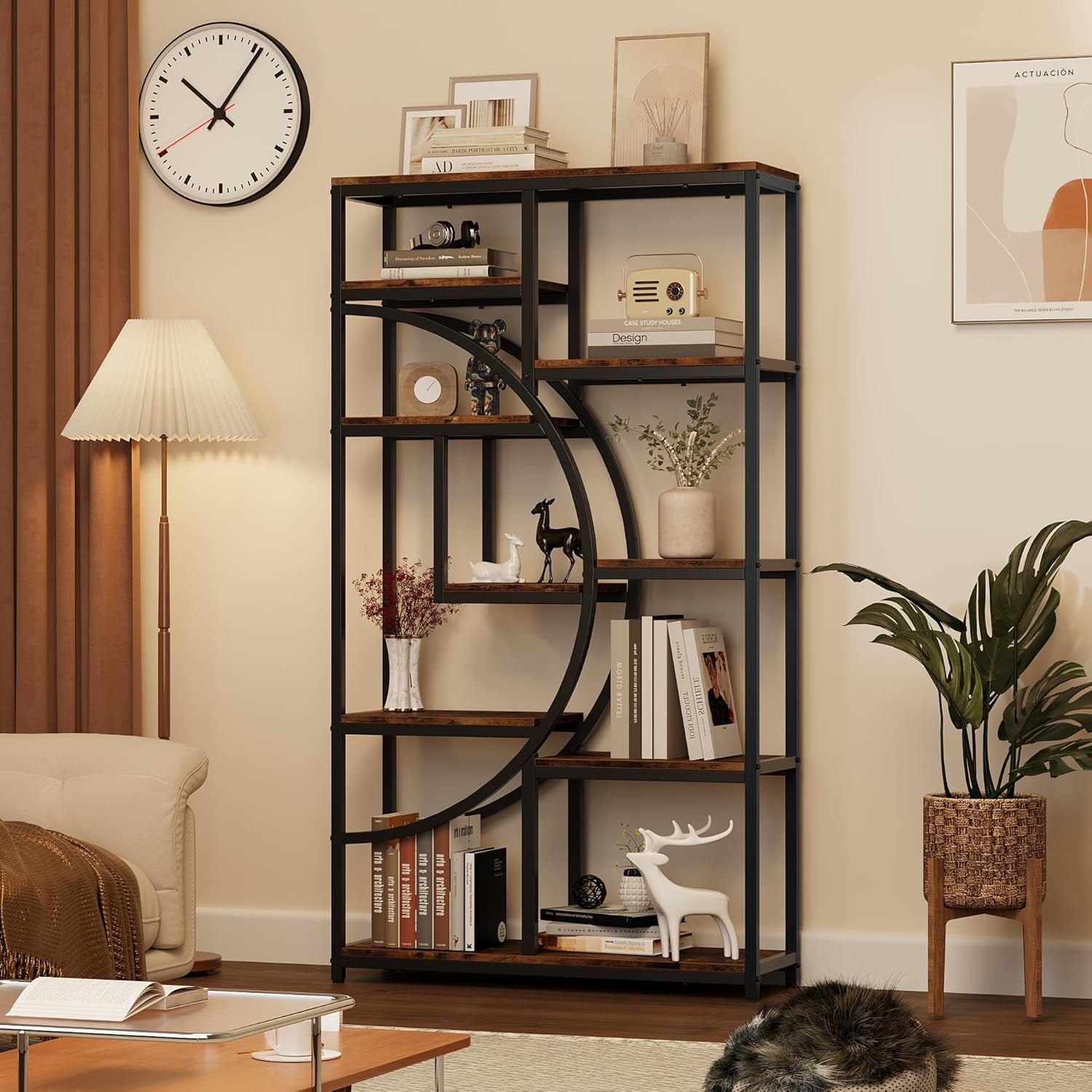 Retro Open Bookshelf, 9-Tier Tall Storage Rack with Crescent Design ...