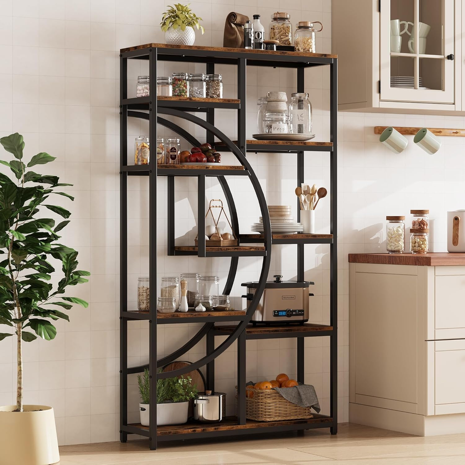 Retro Open Bookshelf, Tall Storage Rack with 9 Tiers, Display Shelf ...