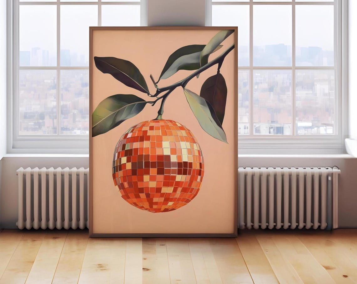 Retro Orange Disco Ball Poster, Kitchen Poster, Bar Cart Poster, Funky ...