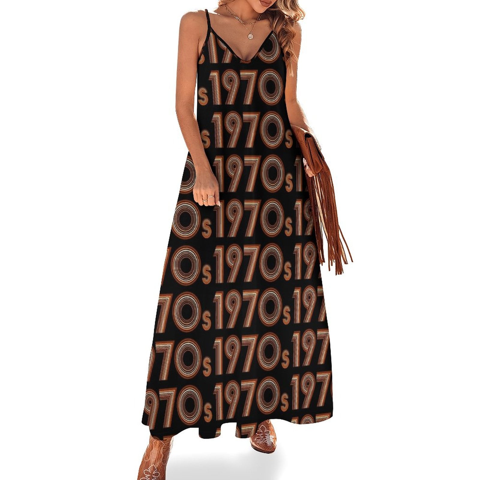Retro Orange Disco Font Sleeveless Dress Female dress Dress vintage ...