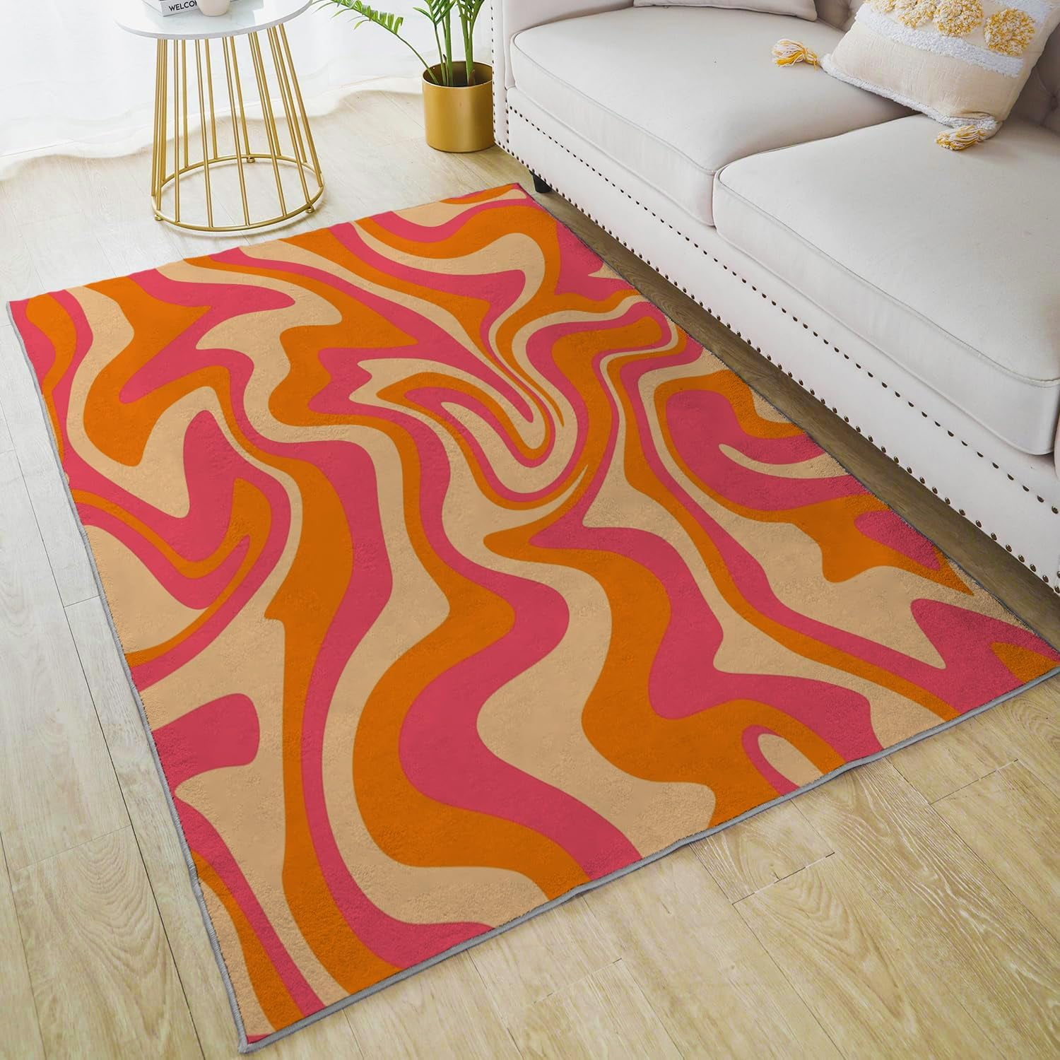 Retro Orange And Pink Funky Swirl Home Decor Non-Slip Rugs Machine ...