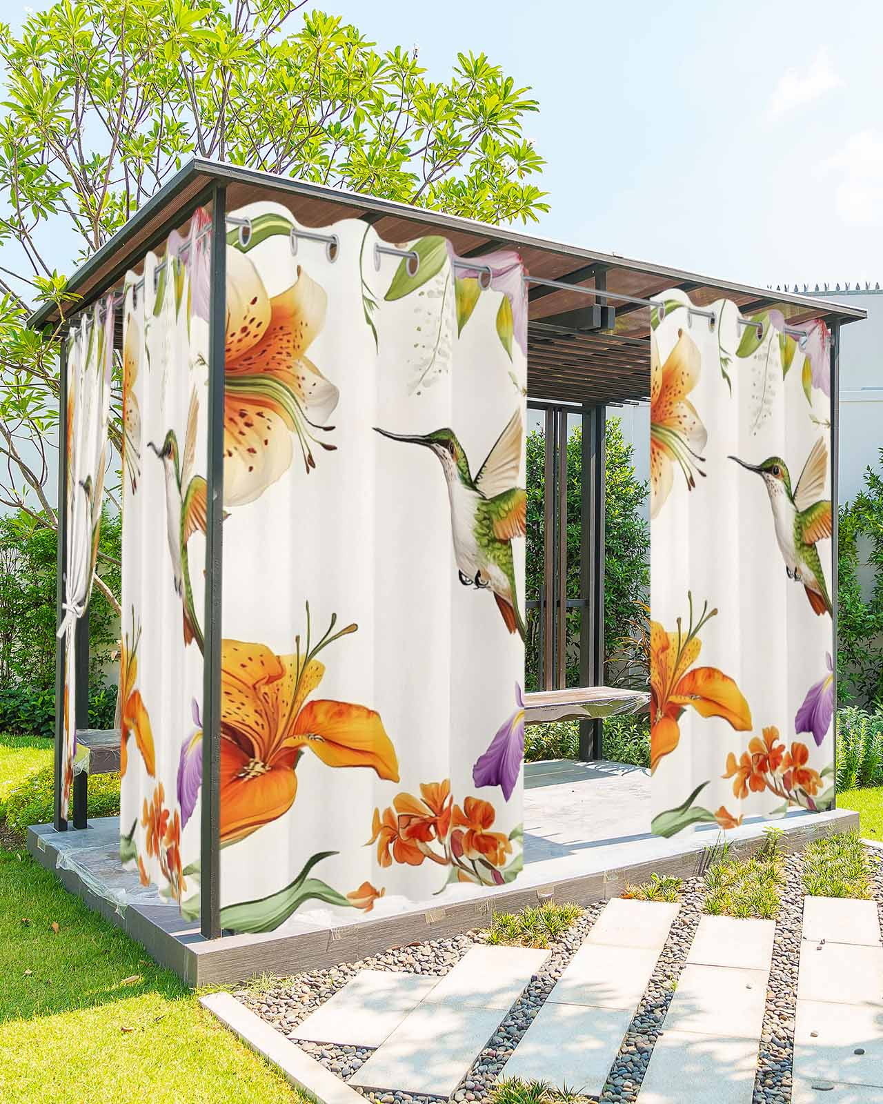 Retro Outdoor Curtains for Patio, Spring Hummingbird Lily Flower Field ...