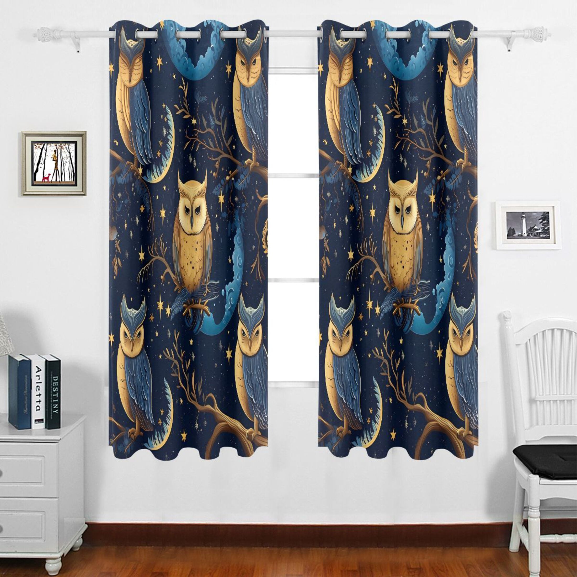 Retro Owls On Trees Grommet Blackout Curtains Thermal Insulated Window