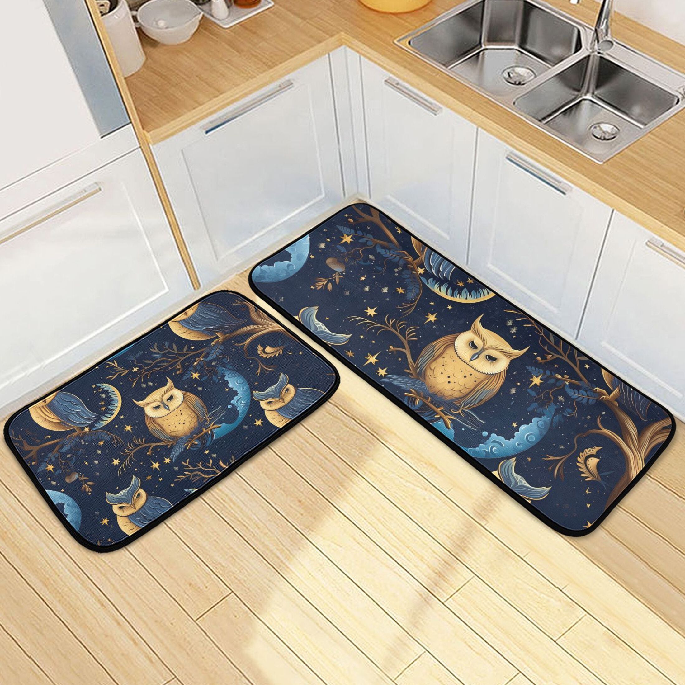 Retro Owls on Trees Kitchen Rugs Set of 2 Non Slip Floor Foam Mat ...