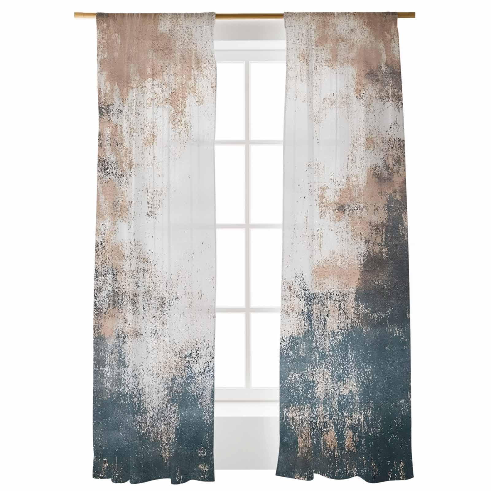 Retro Paint Effect Sheer Curtains 108 inches Long 2 Panels Set Blue ...