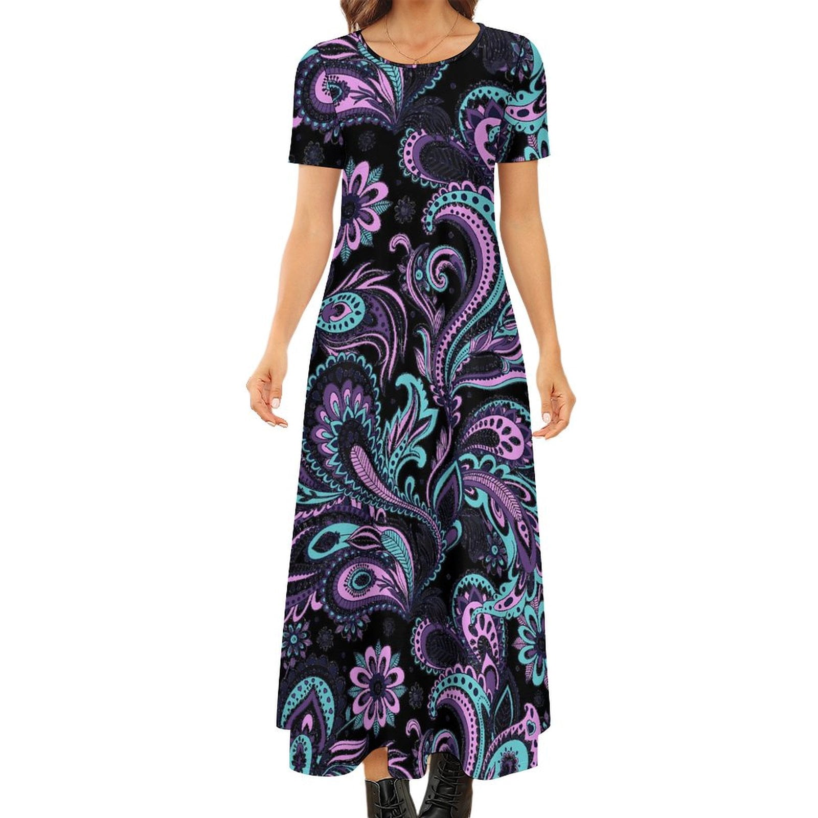 Retro Paisley Dress Pink And Blue Street Wear Boho Beach Long Dresses ...