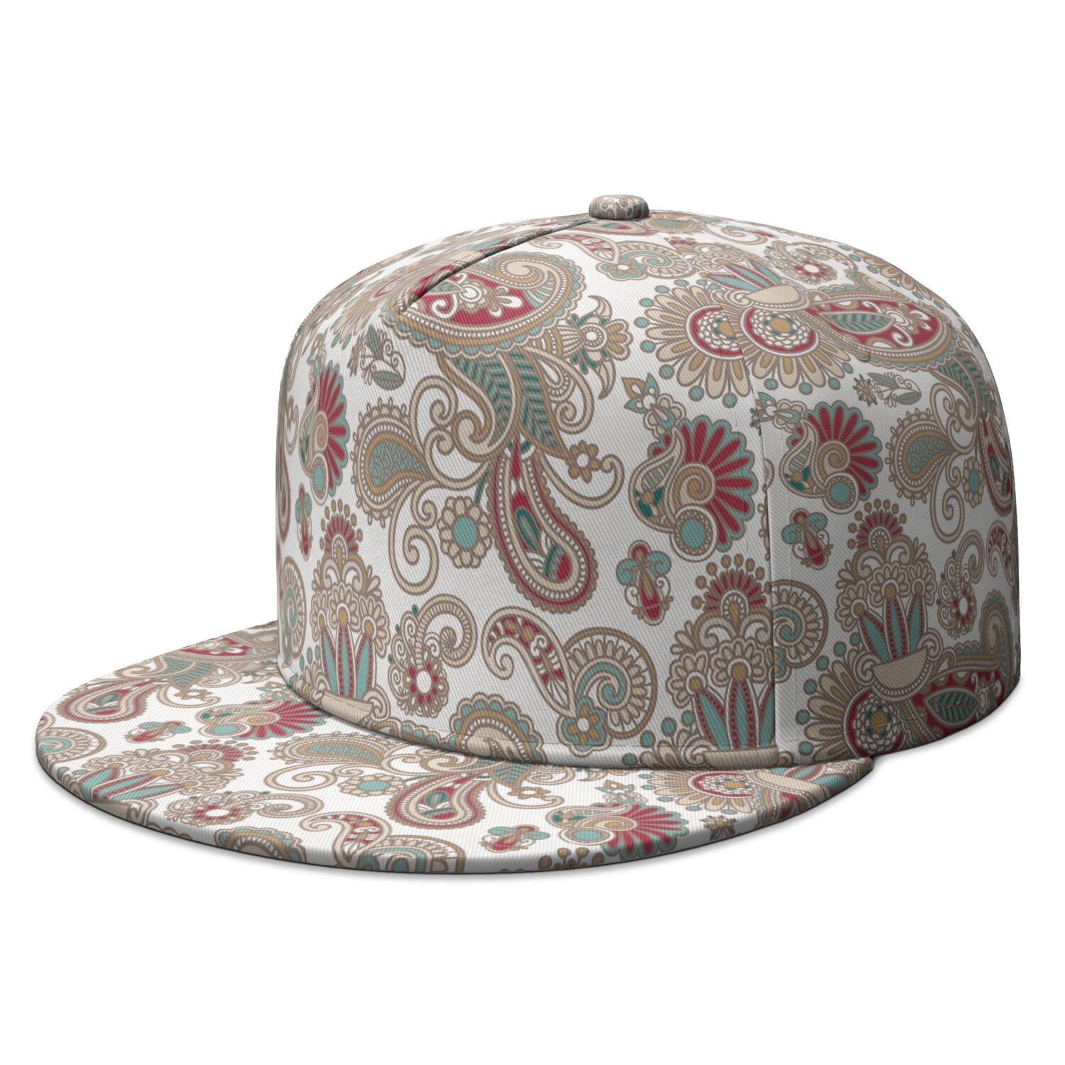 Retro Paisley Floral Snapback Hat, Adjustable Flat Brim Cap with Ethnic ...