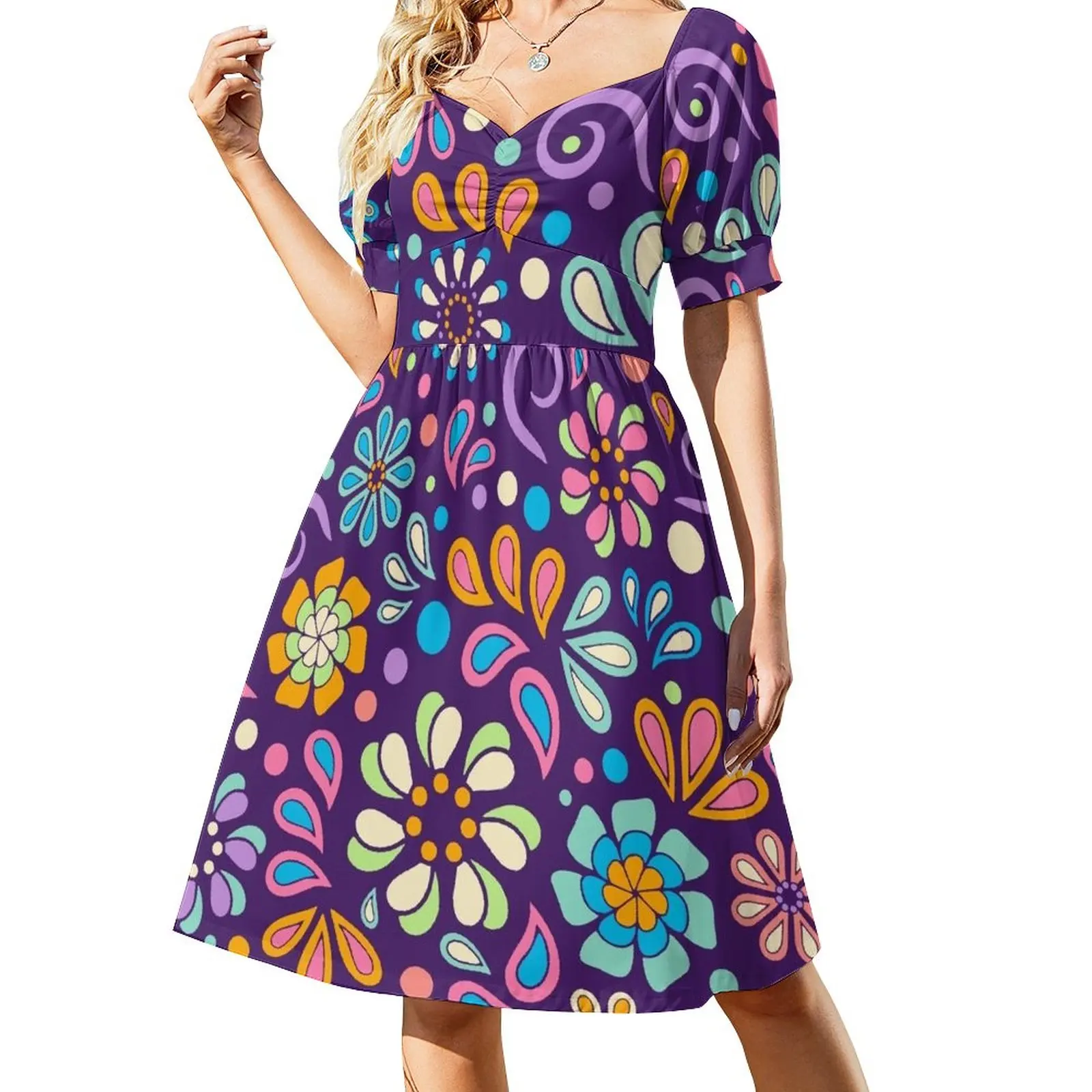 Retro Paisley Flower Power Bohemian Hand Drawn Art Sleeveless Dress ...
