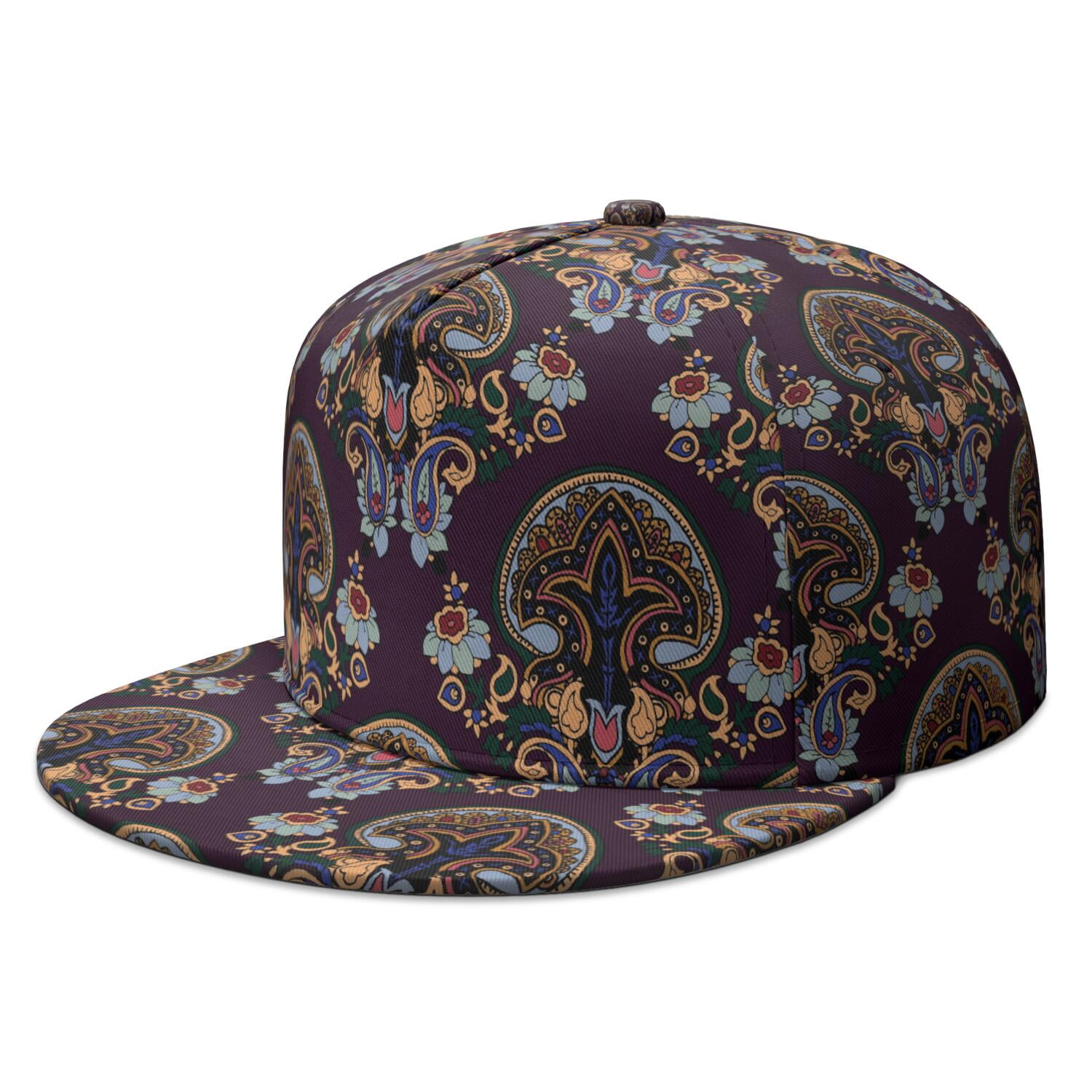 Retro Paisley Snapback Cap - Classic Flat Brim Hat with Exotic Floral ...