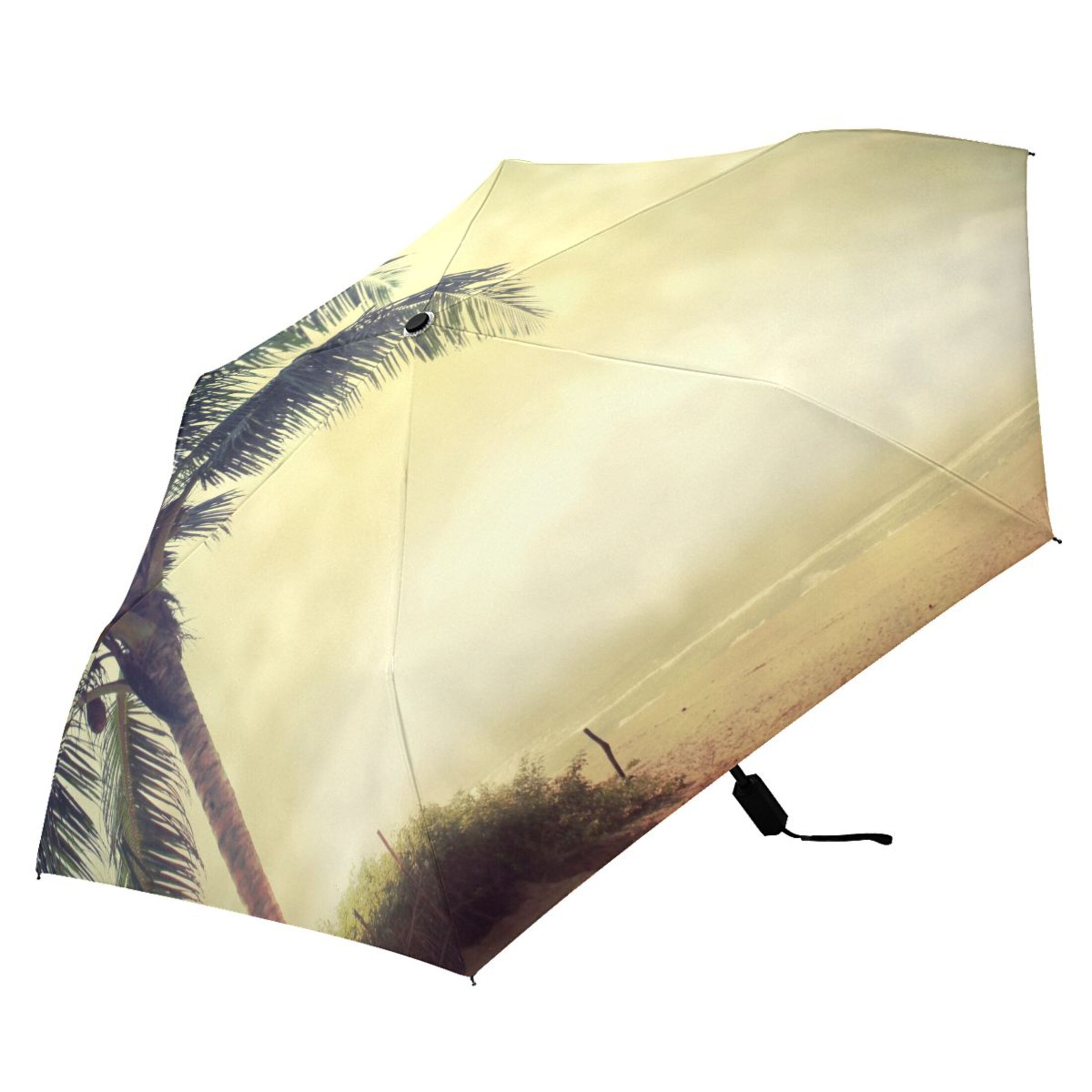 Retro Palm Tree Landscape Compact Folding Umbrella for Rain Windproof ...