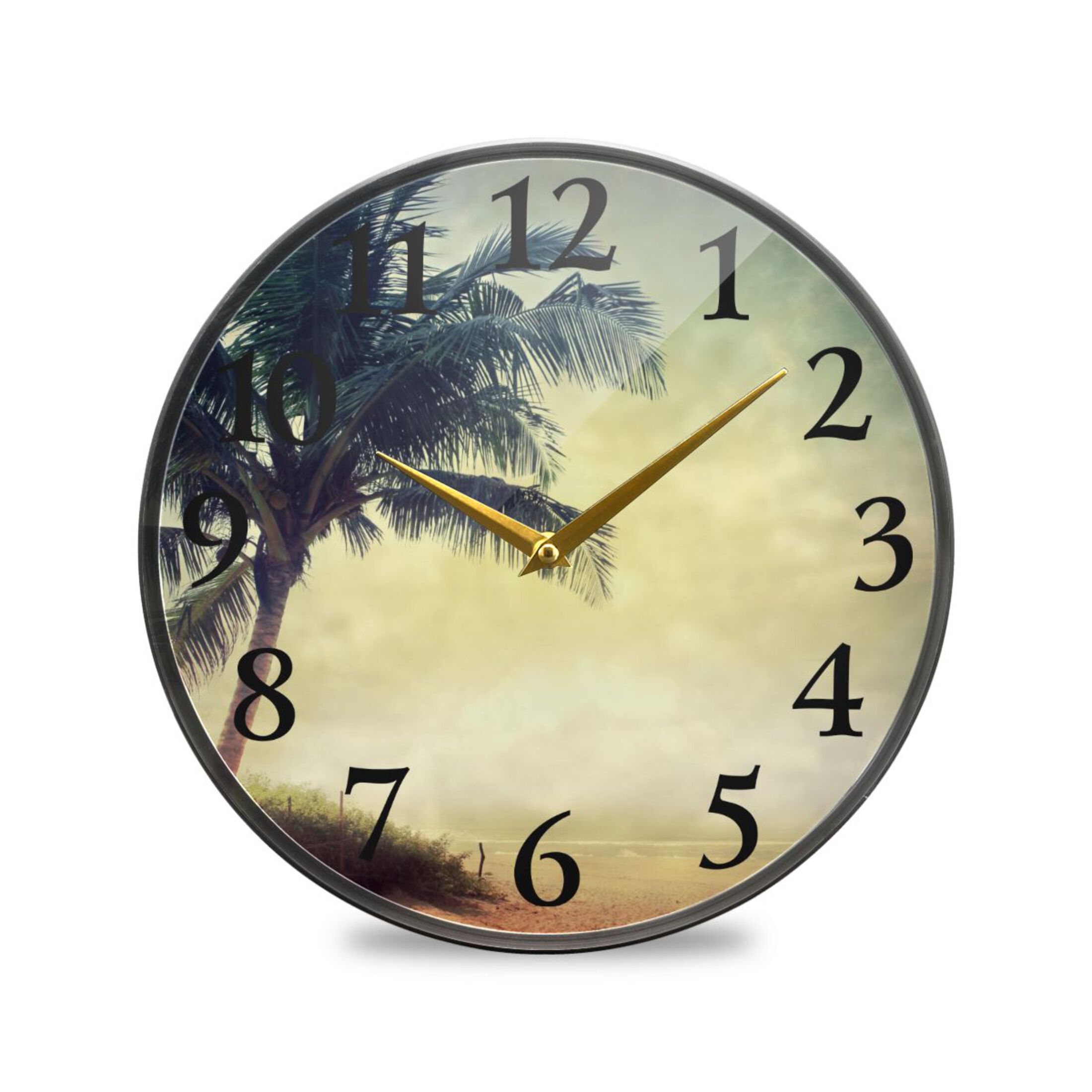 Retro Palm Tree Landscape Wall Clocks Battery Operated 11.9 Inch Round ...