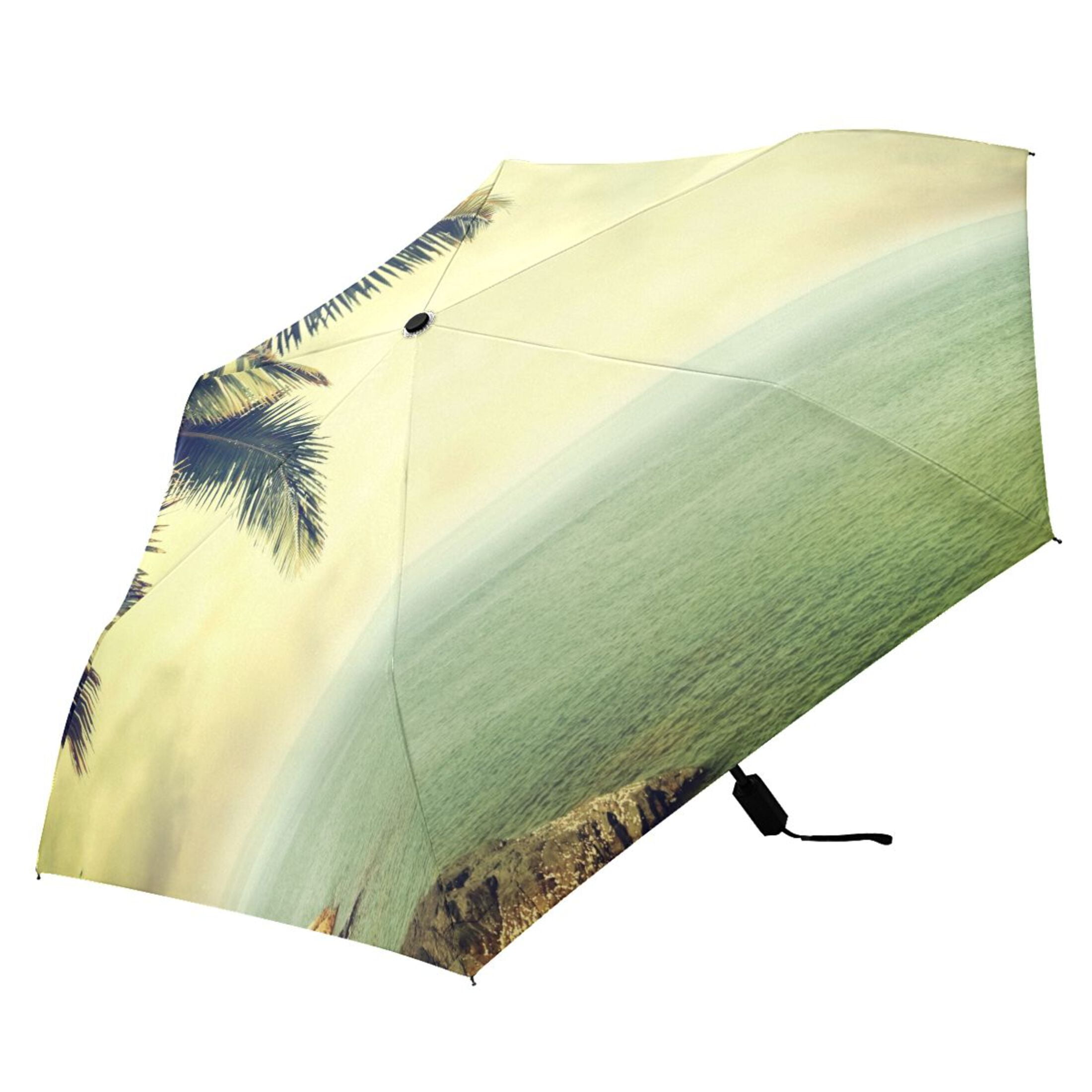 Retro Palm Tree and Sea Compact Folding Umbrella for Rain Windproof ...