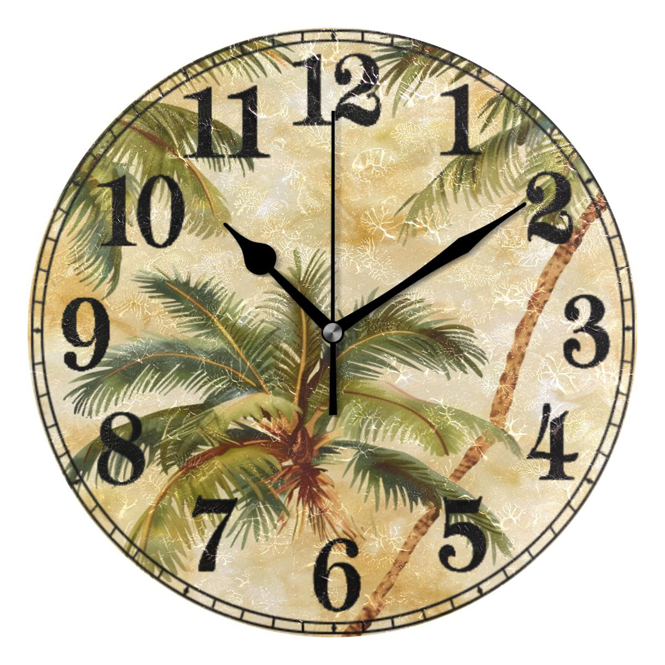 Retro Palm Trees Silent Wall Clock 10" Non-Ticking Battery Clock ...