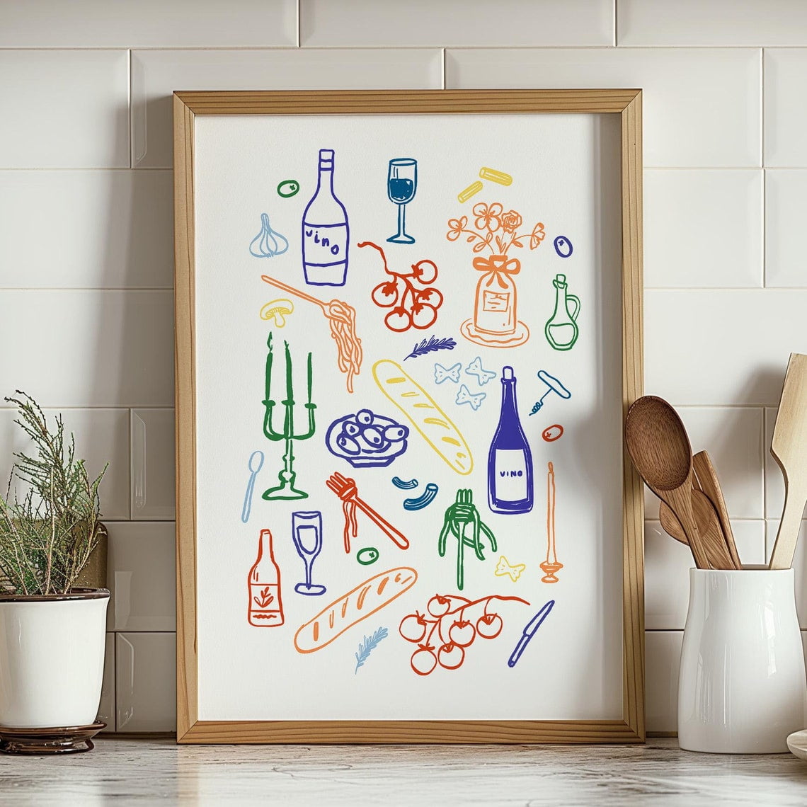 Retro Pasta Dinner Print, Cute Kitchen Digital Print, Food Drink ...