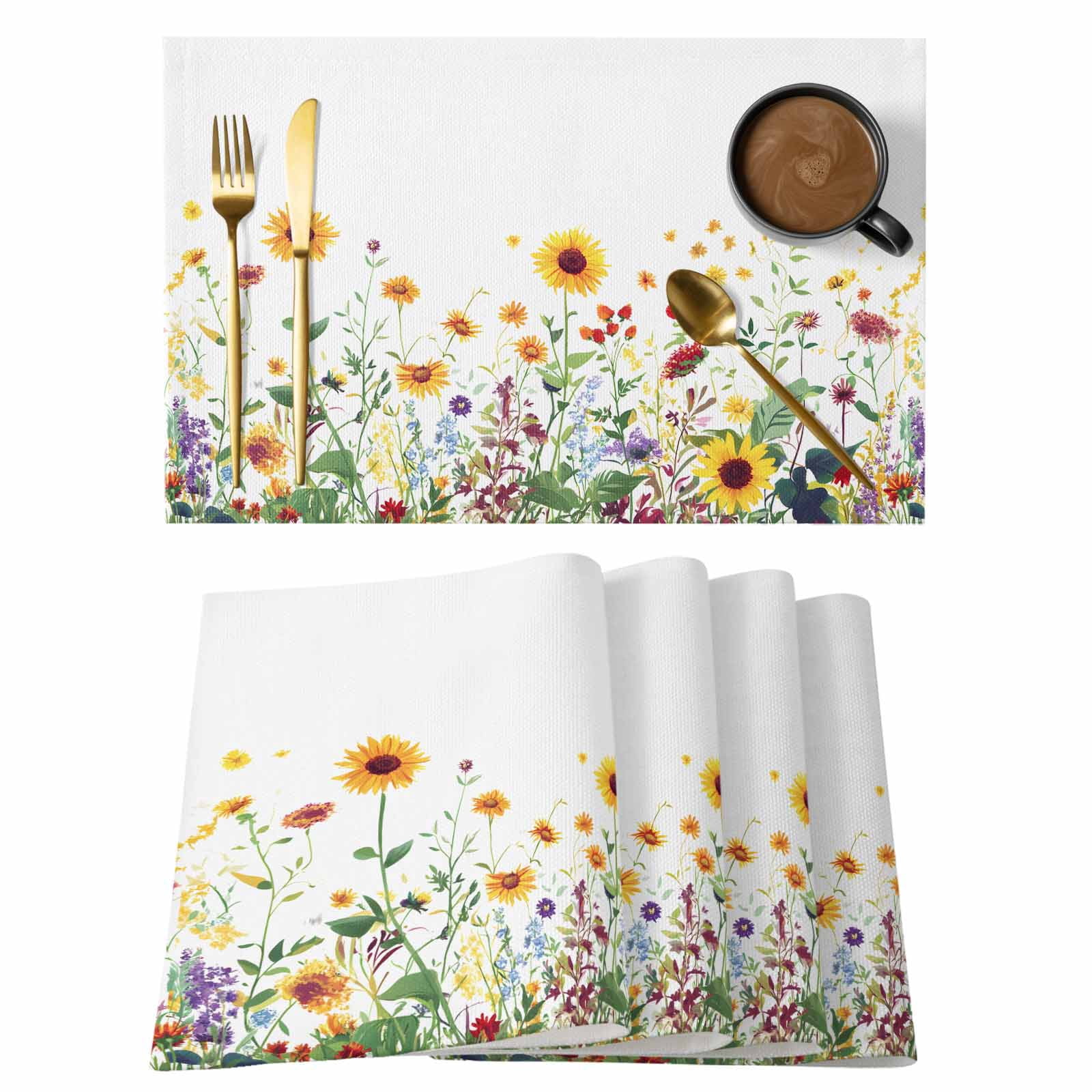 Retro Pastoral Placemats Set of 8, Floral Sunflower Daisy Farmhouse ...