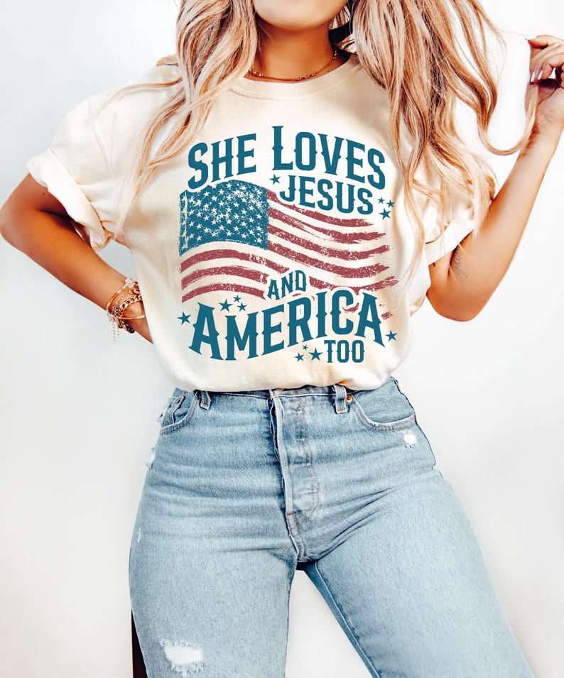 Retro Patriotic Christian Shirt, She Loves Jesus and America Too 4th of ...