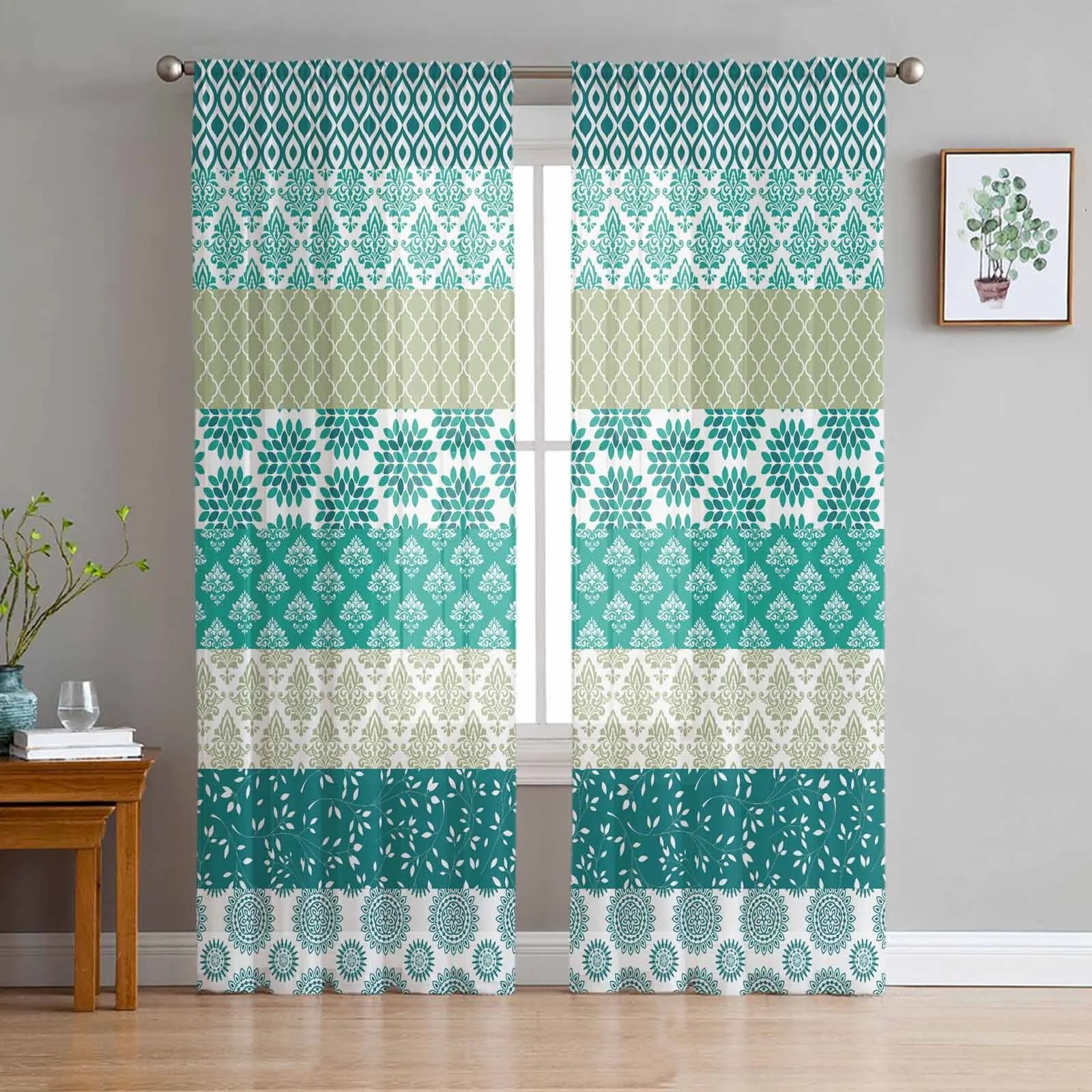 Retro Pattern Aqua Tulle Curtains for Living Room Bedroom Modern ...