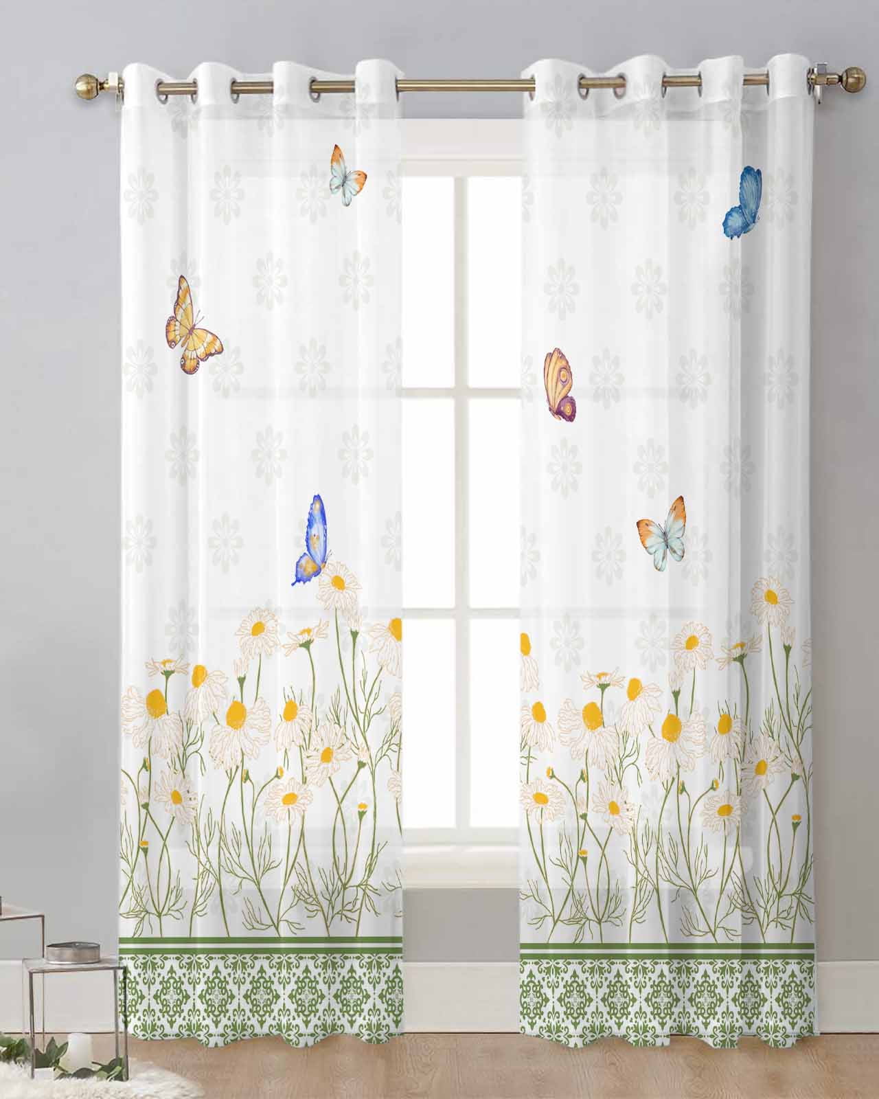 Retro Patterned Daisy Butterfly Modern Tulle Curtains Voile Drapes ...