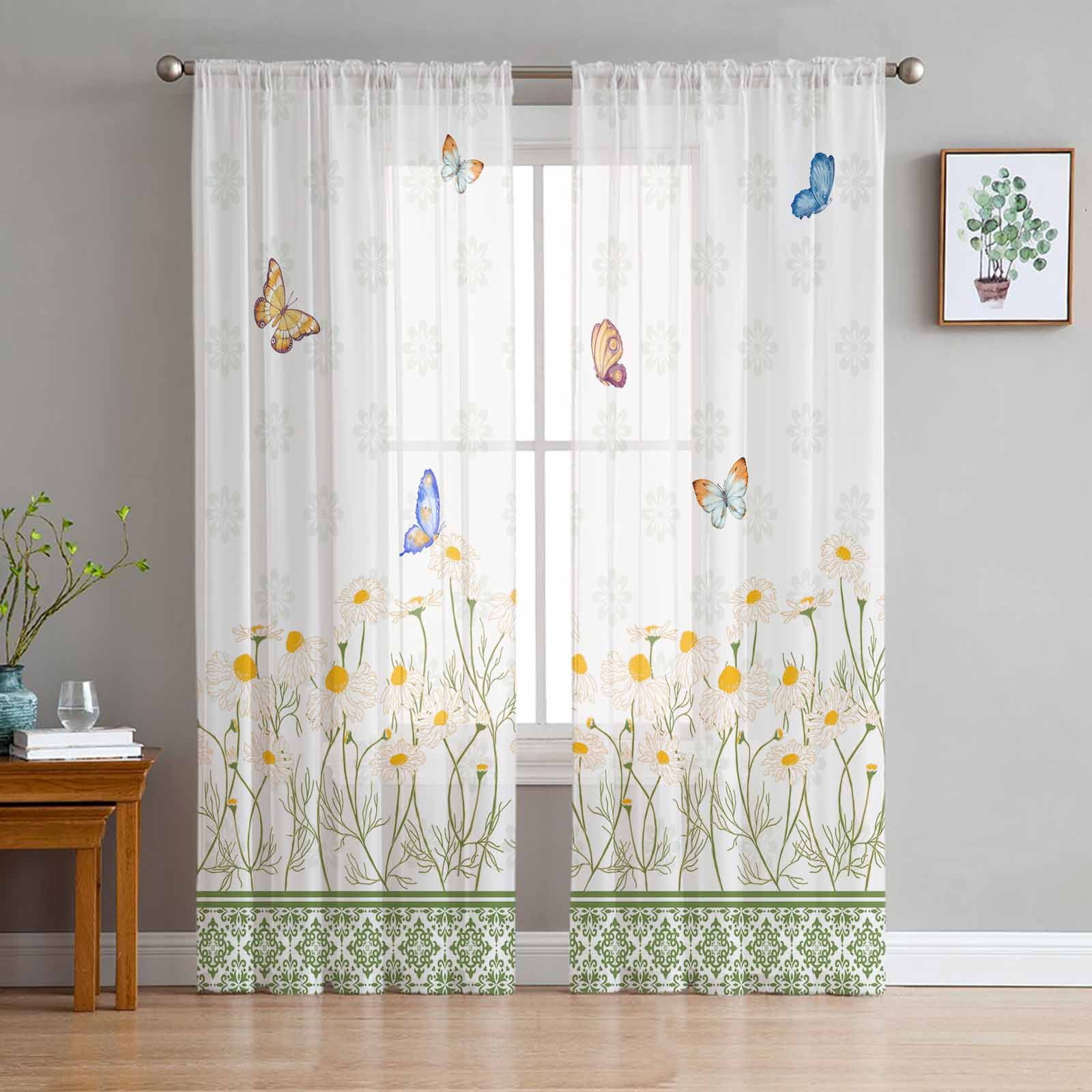 Retro Patterned Daisy Butterfly Triangle Tulle Sheer Curtains For ...