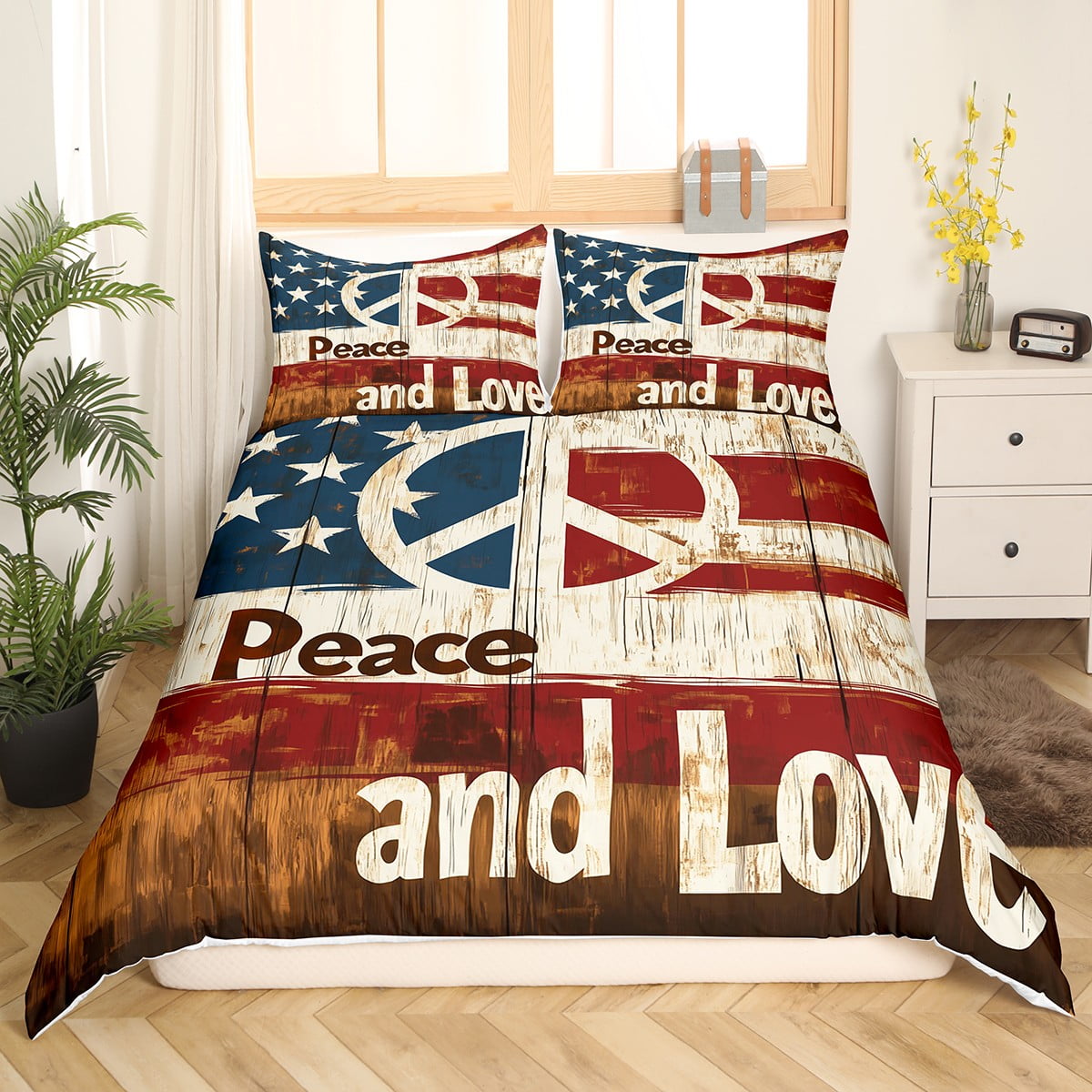 Retro Peace Sign Comforter Cover Amercian Flag Patern Bedding Set ...