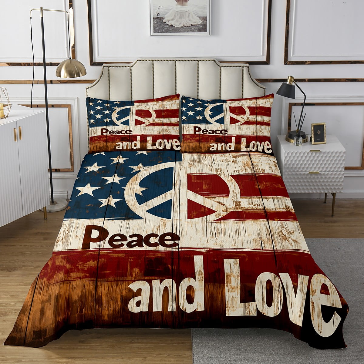 Retro Peace Sign Quilt Set Amercian Flag Patern Bedspread Set,Vintag ...