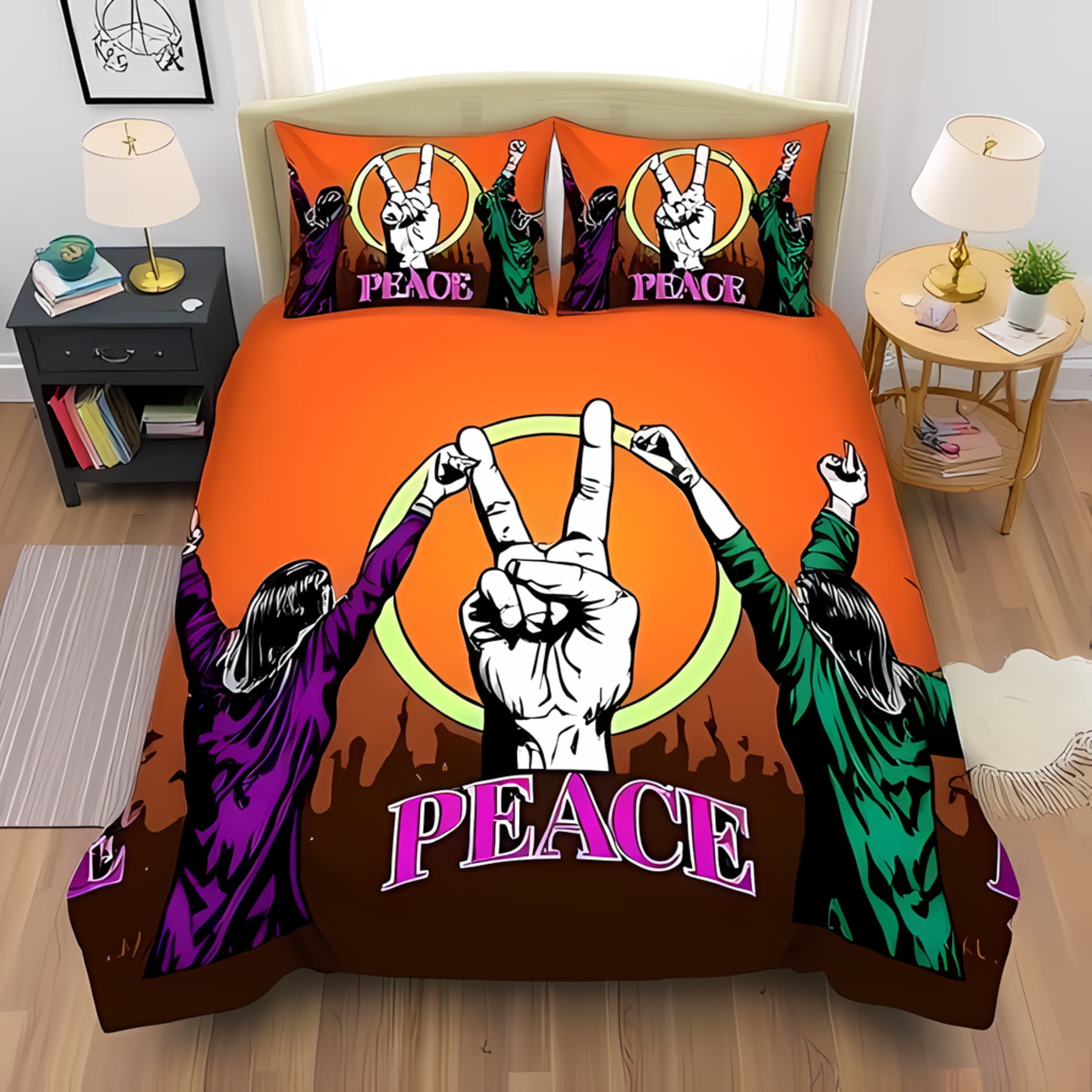 Retro Peace Themed 3-Piece Duvet Cover Set - Vibrant Quilt with ...