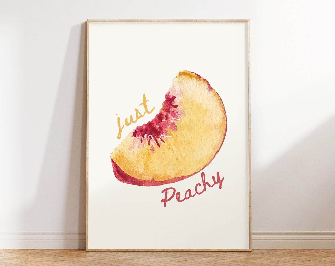 Retro Peach Art Print, Cute Colorful Kitchen Wall Art, Minimalist Fruit ...