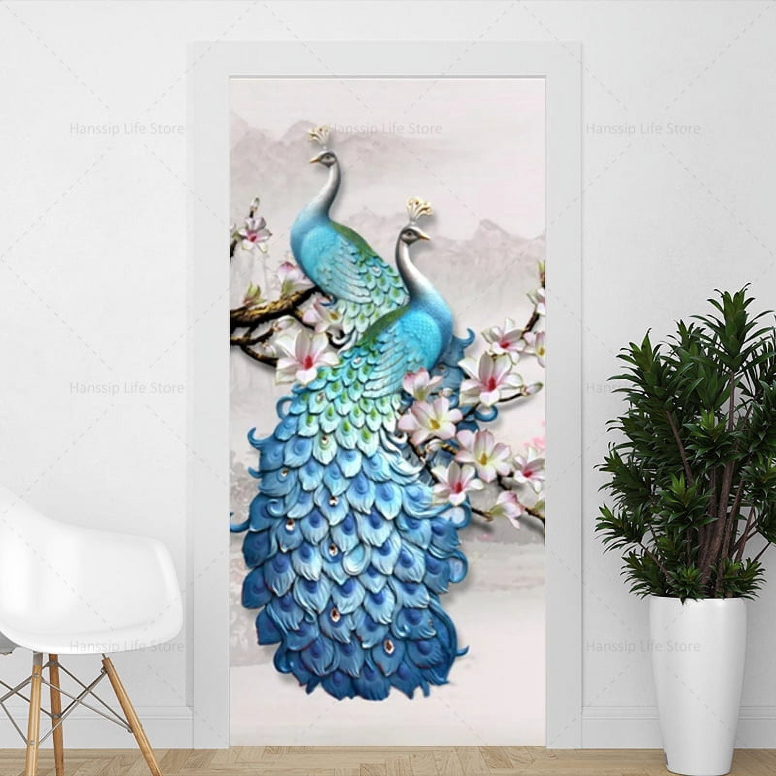Retro Peacock Door Sticker Decoration Peel & Stick Waterproof PVC 3D ...