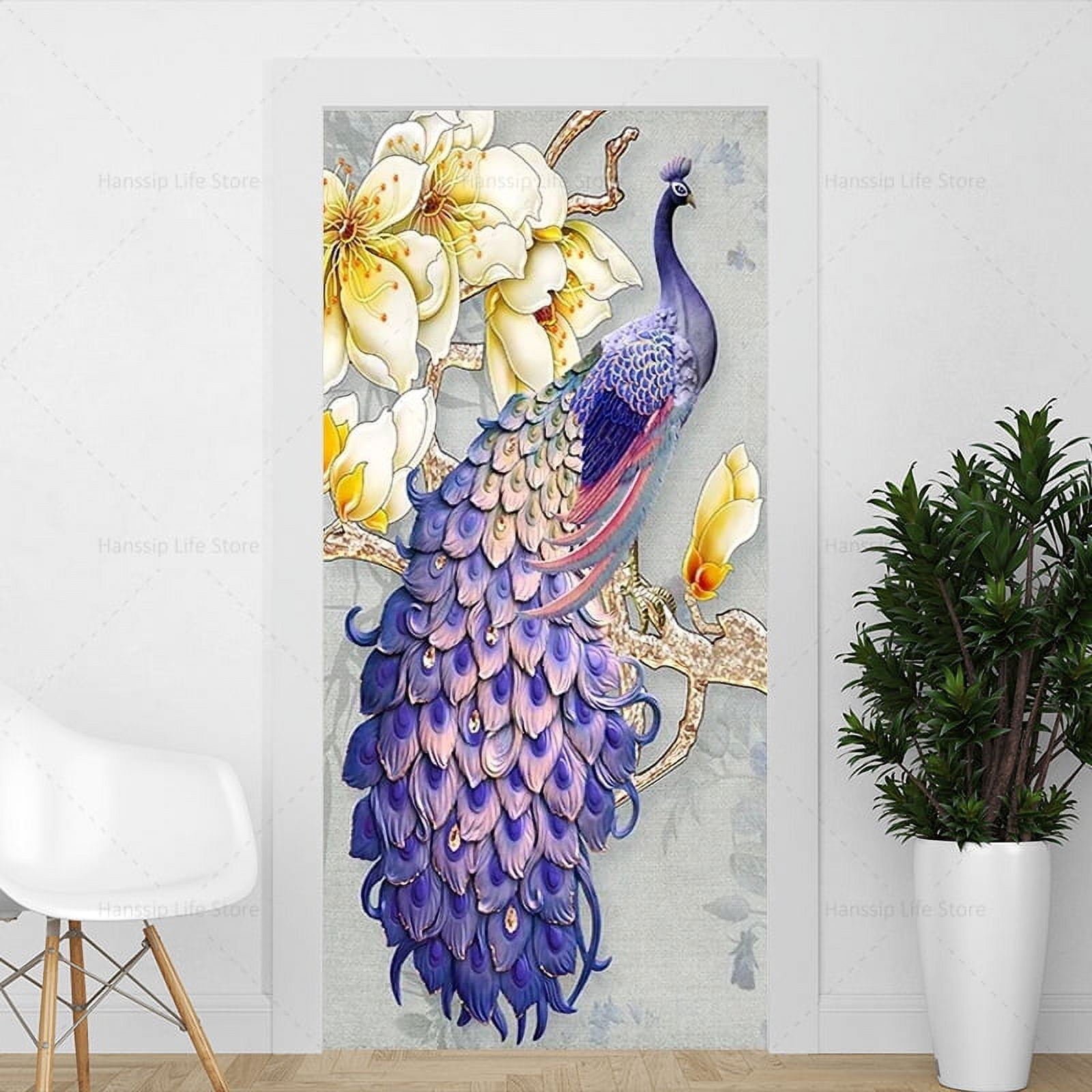 Retro Peacock Door Sticker Decoration Peel & Stick Waterproof PVC 3D ...