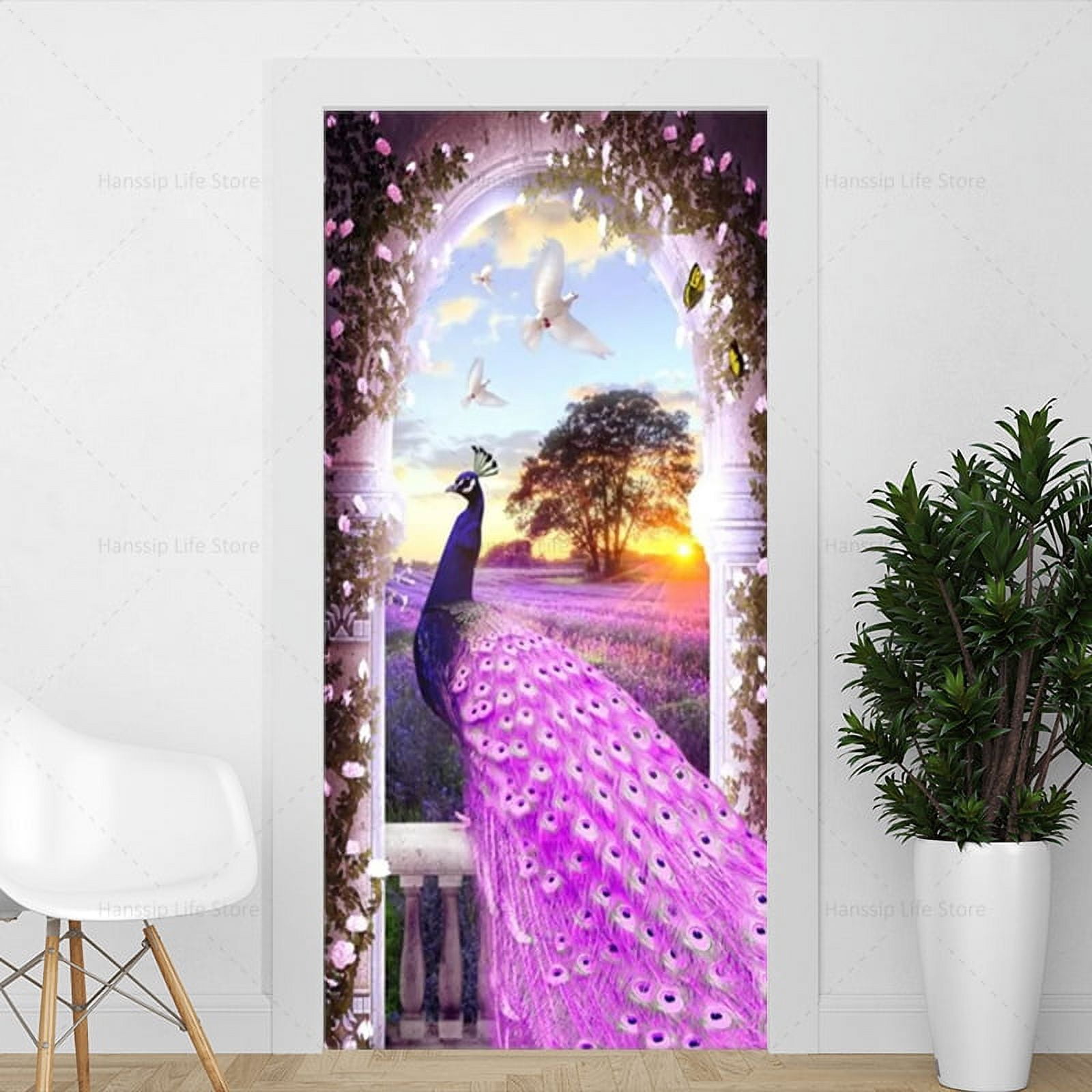 Retro Peacock Door Sticker Decoration Peel & Stick Waterproof PVC 3D ...