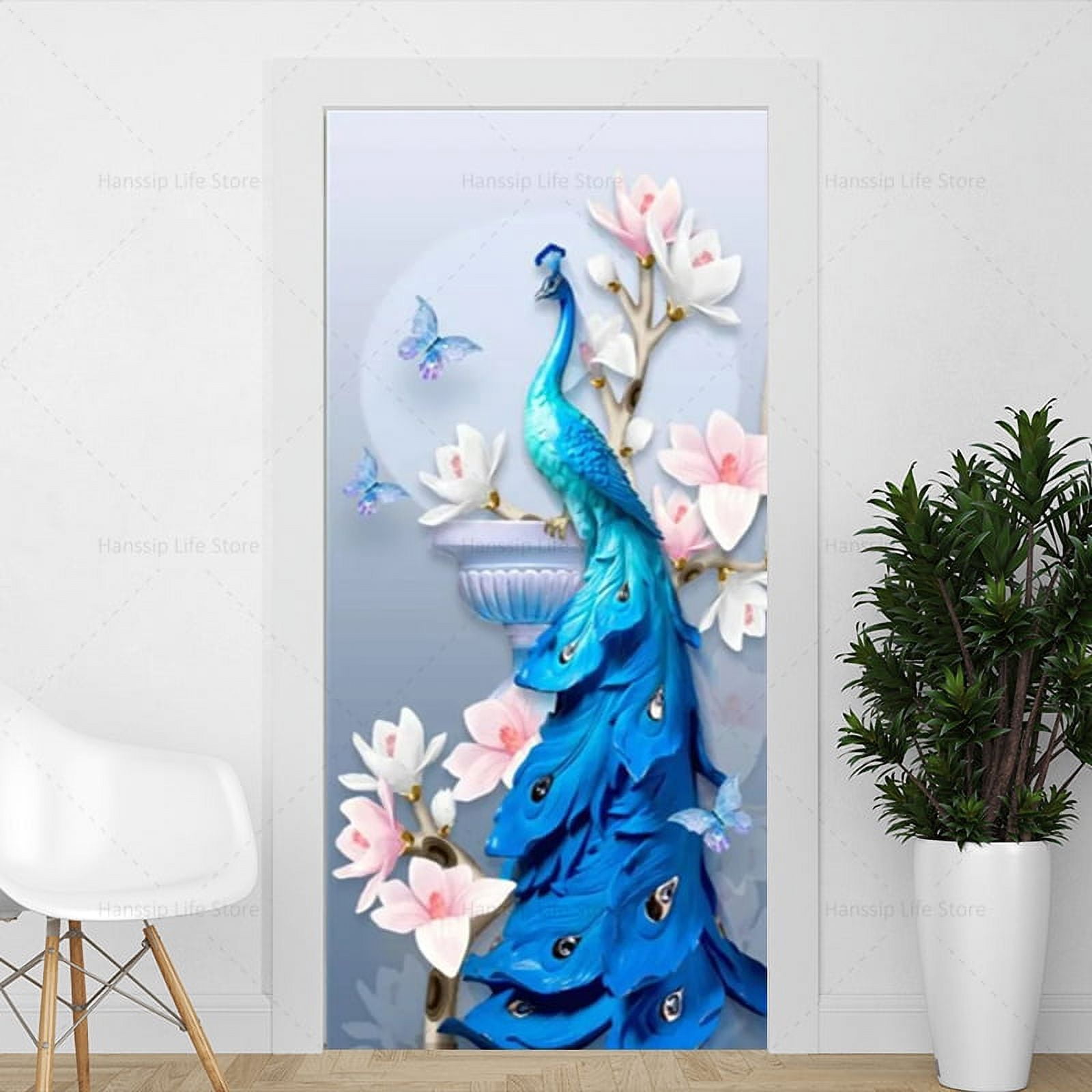 Retro Peacock Door Sticker Decoration Peel & Stick Waterproof PVC 3D ...