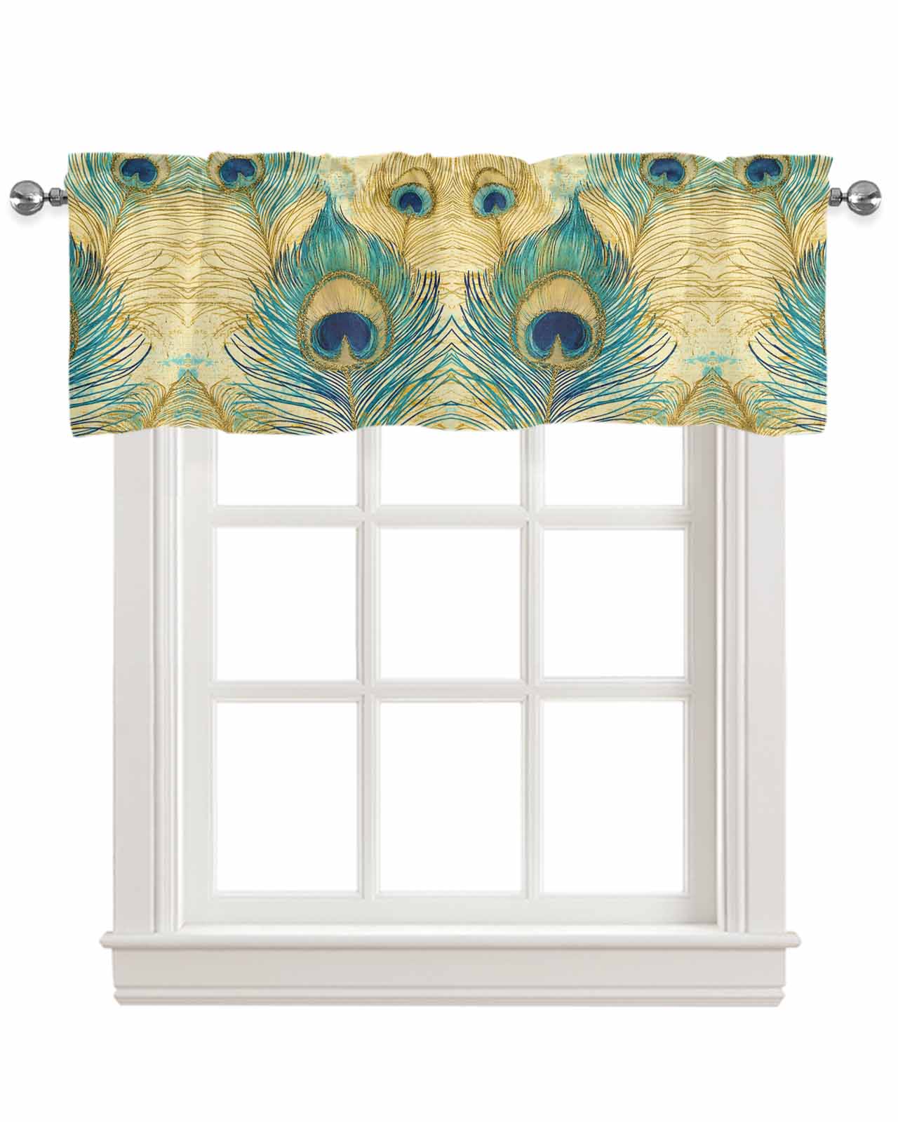 Retro Peacock Feathers Kitchen Valances for Windows Farmhouse Linen ...