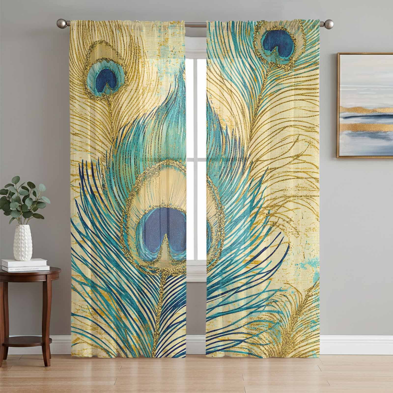 Retro Peacock Feathers Sheer Curtains 96 Inch Length 2 Panels Set ...