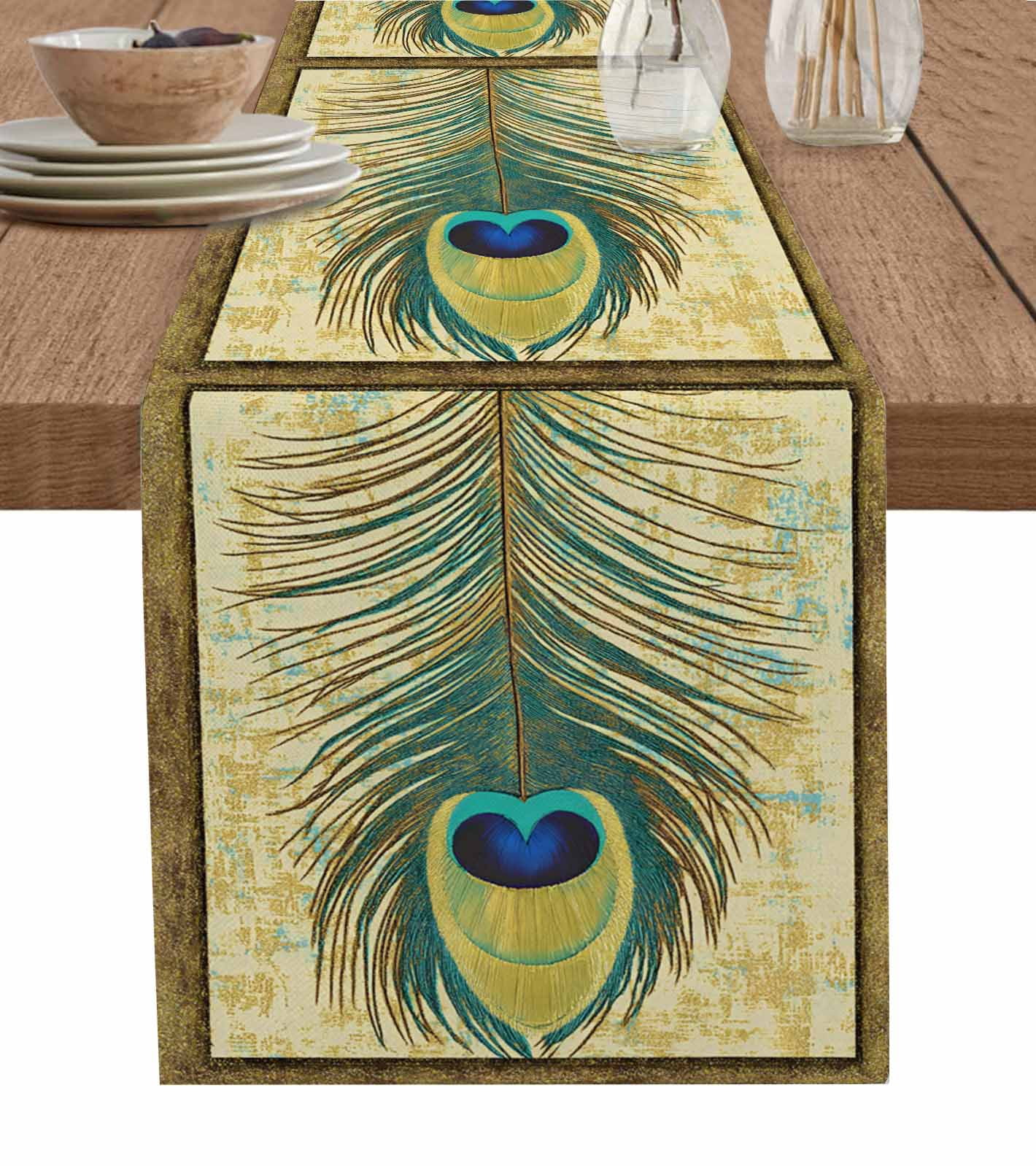 Retro Peacock Feathers Table Runner 108 Inches, Vintage Abstract Art ...