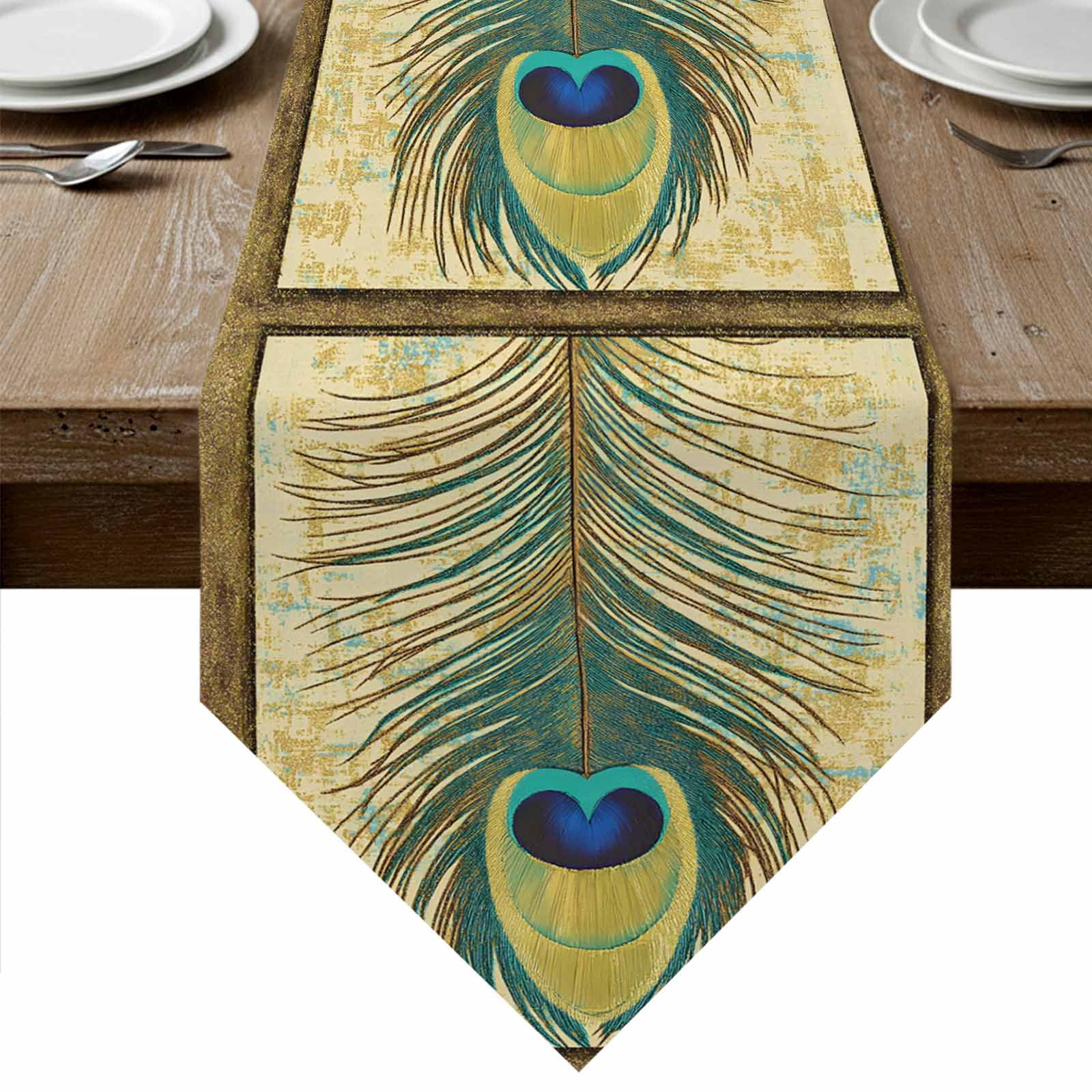 Retro Peacock Feathers Table Runner Linen Burlap Table Runner 72 Inches ...