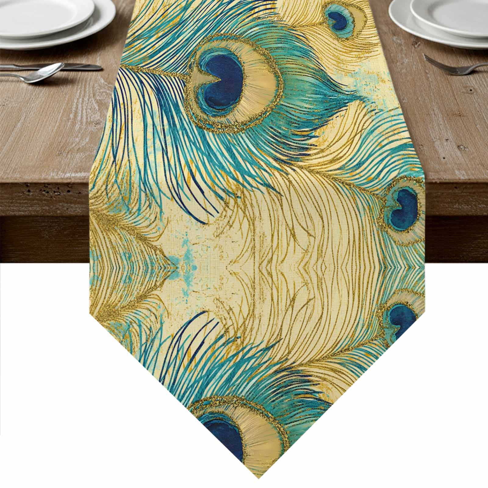 Retro Peacock Feathers Table Runner Linen Burlap Table Runner 90 Inches ...