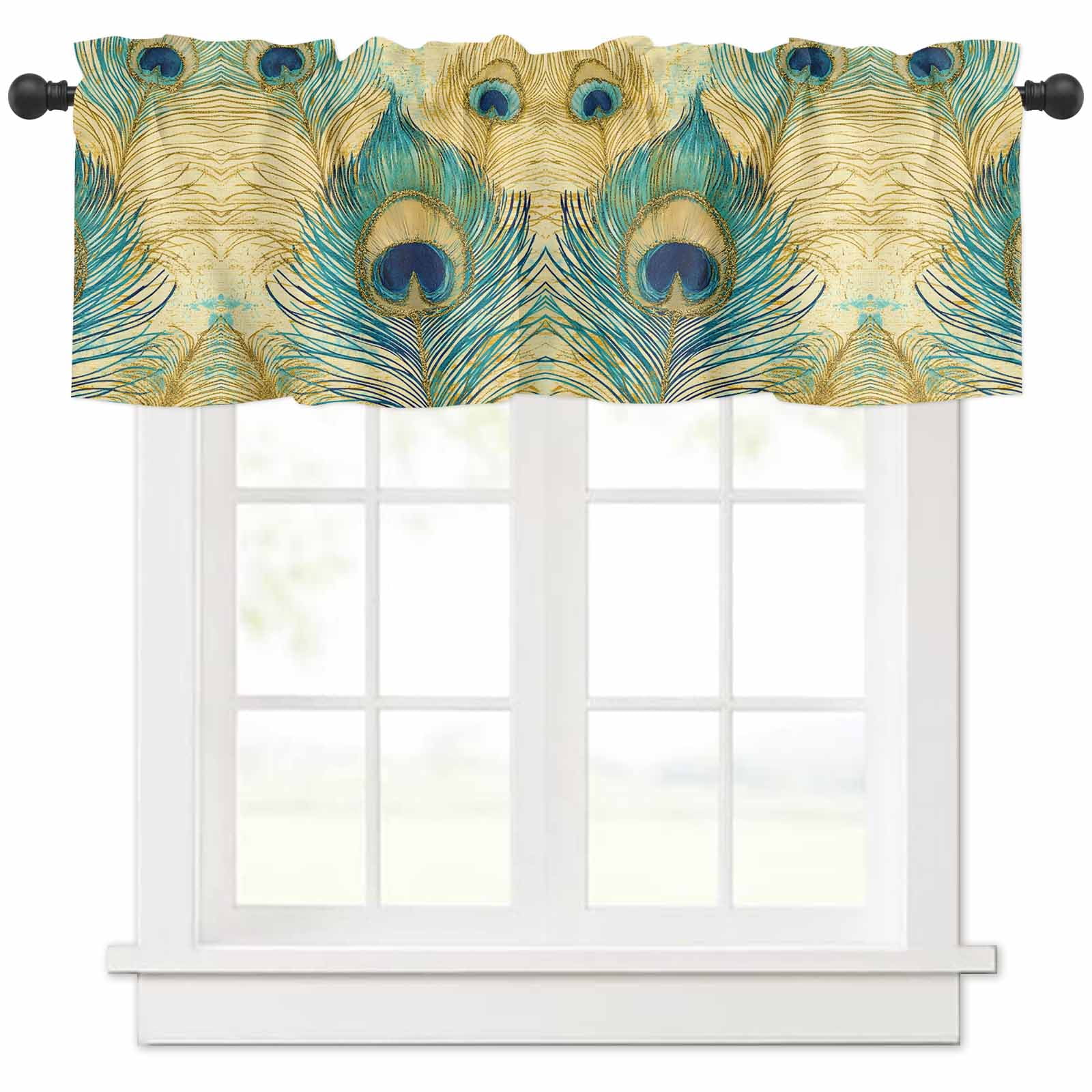 Retro Peacock Feathers Valances for Windows Farmhouse Kitchen Curtains ...