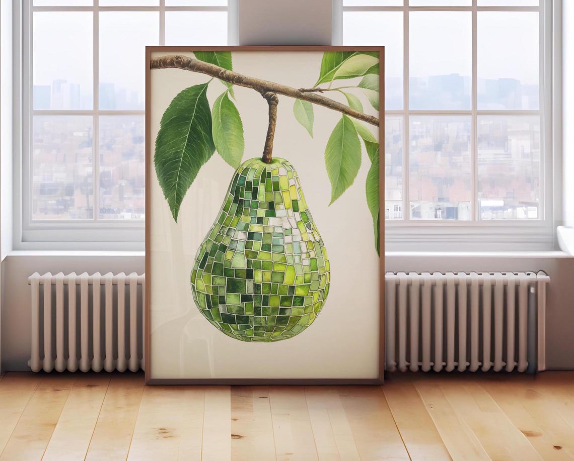 Retro Pear Disco Ball Poster, Kitchen Poster, Bar Cart Poster, Funky ...